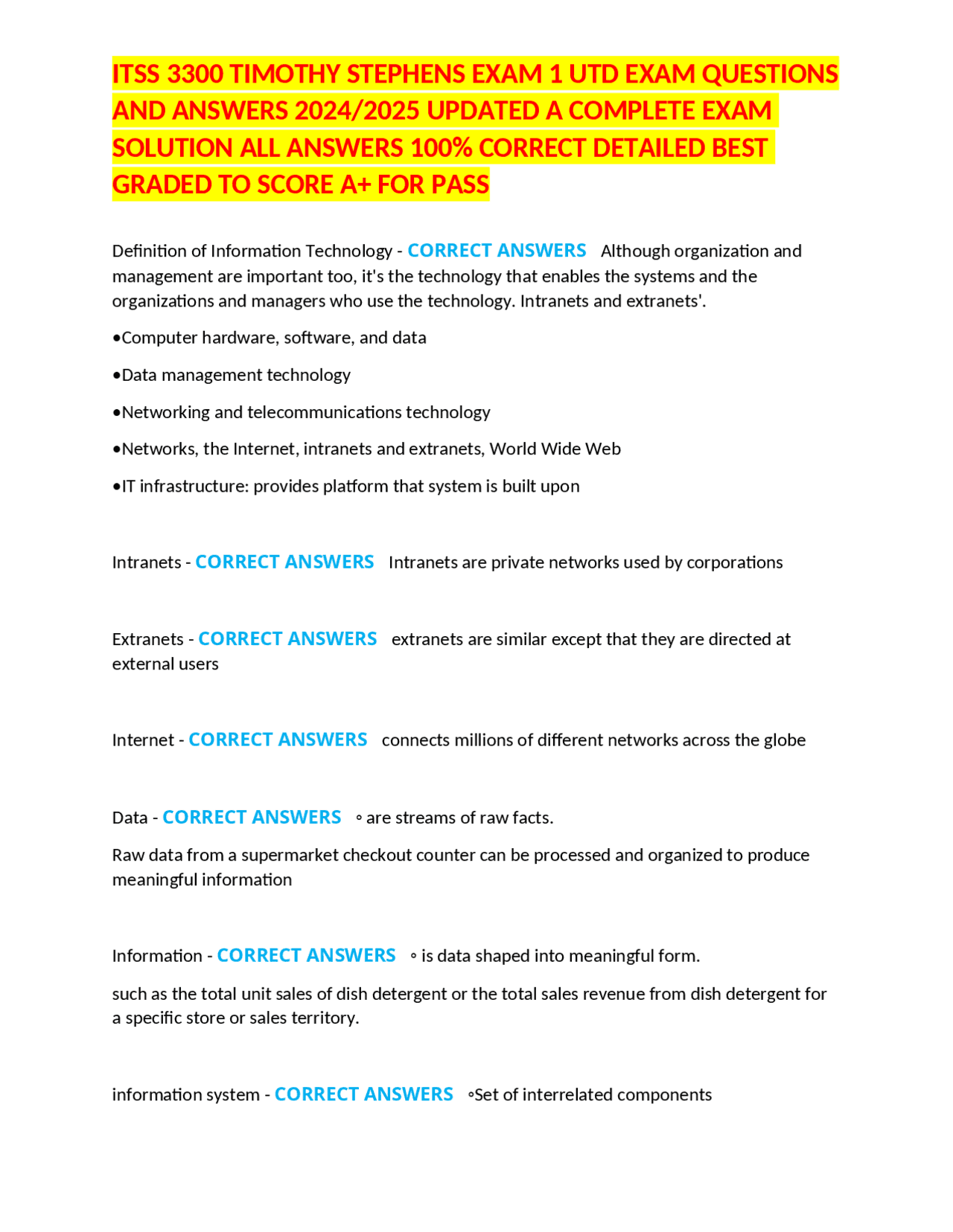 ITSS 3300 TIMOTHY STEPHENS EXAM 1 UTD EXAM QUESTIONS AND ANSWERS 2024/ ...