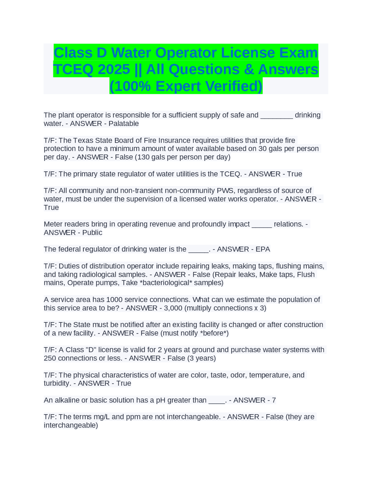 Class D Water Operator License Exam TCEQ 2025 || All Questions ...