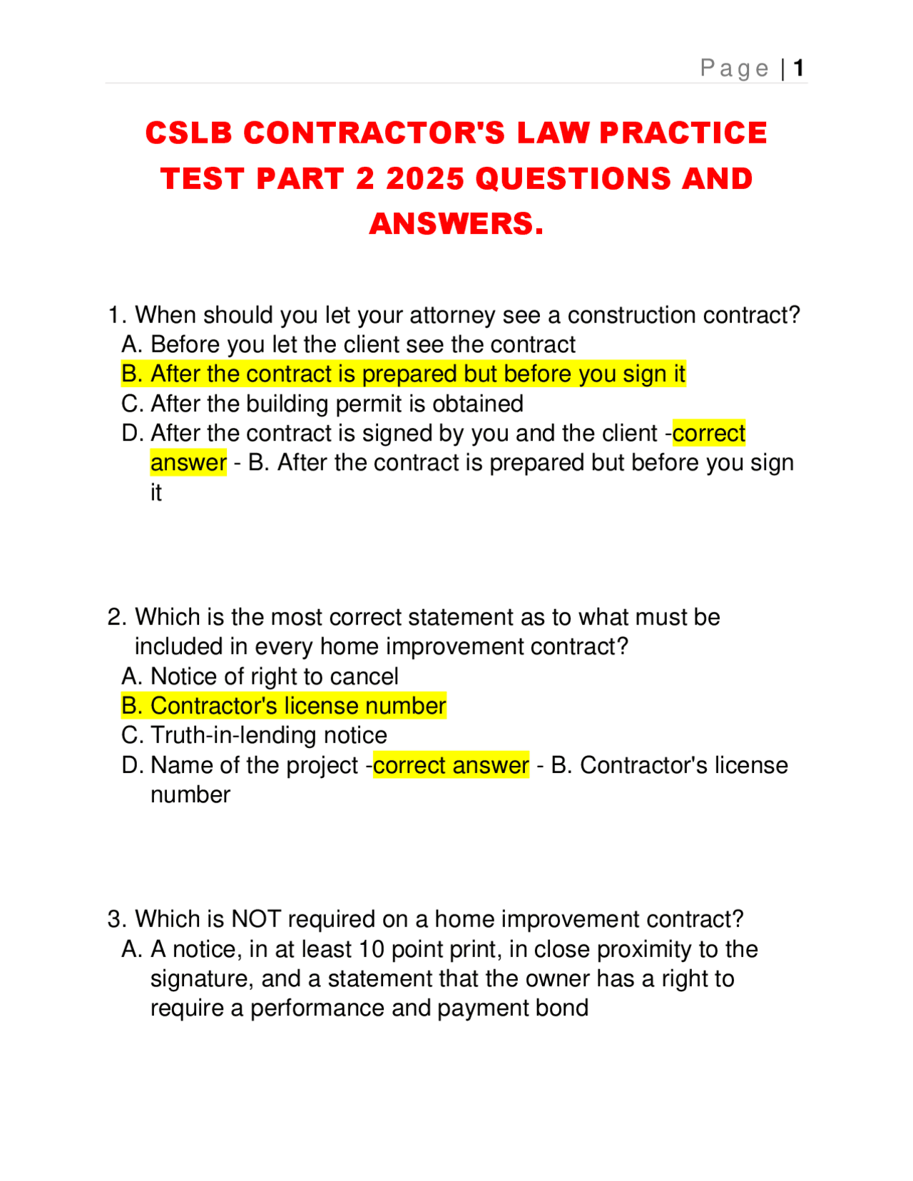 CSLB CONTRACTOR'S LAW PRACTICE TEST PART 2 2025 QUESTIONS AND ANSWERS ...