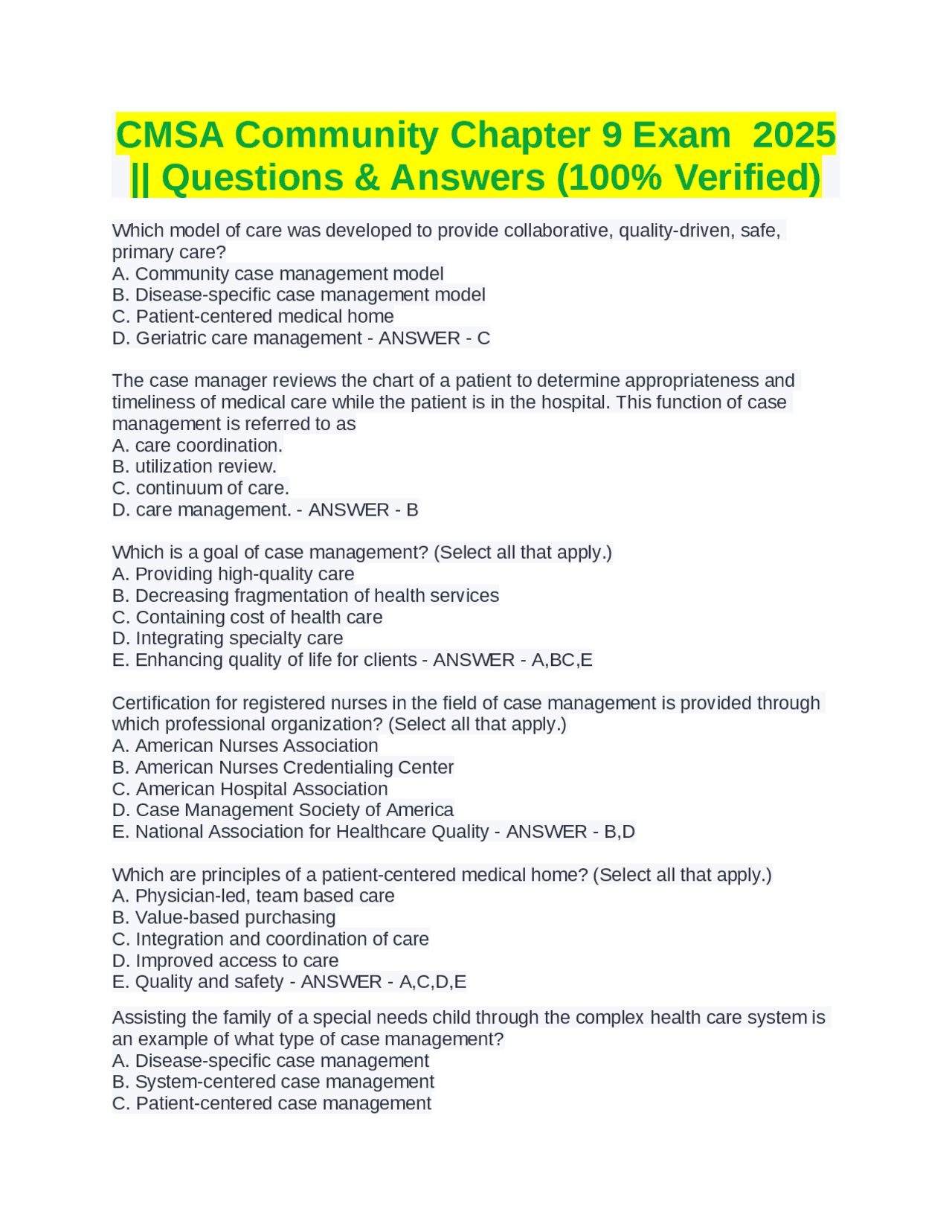 CMSA Community Chapter 9 Exam 2025 || Questions & Answers (100% ...