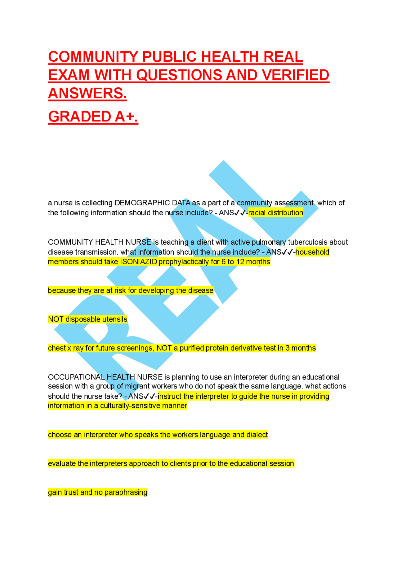 COMMUNITY PUBLIC HEALTH REAL EXAM WITH QUESTIONS AND VERIFIED ANSWERS ...