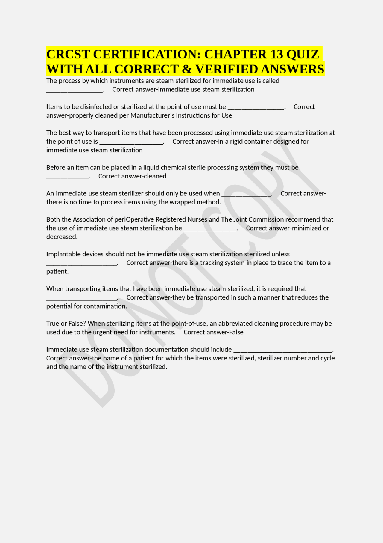 CRCST Certification: Chapter 13 Quiz – All Correct & Verified Answers ...