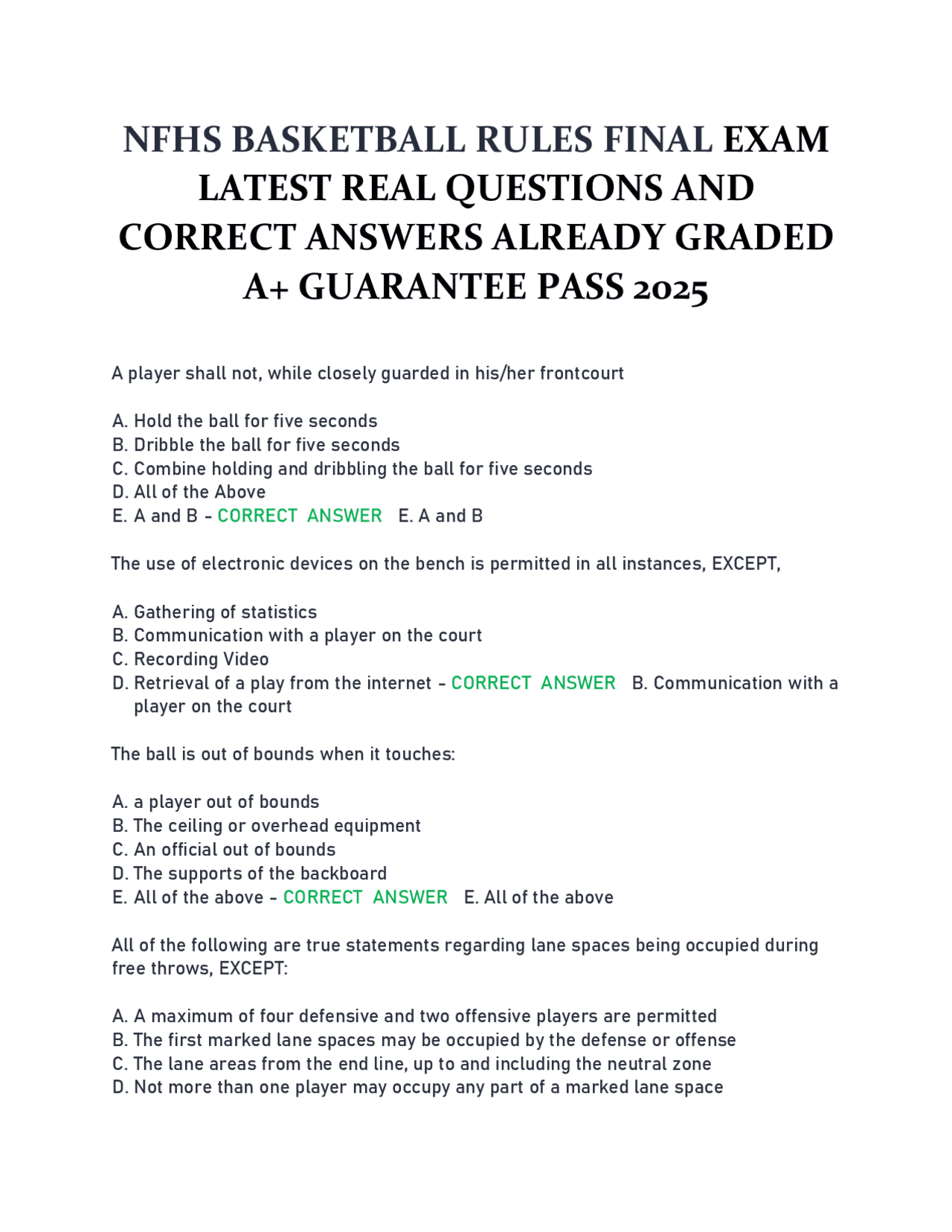 NFHS Basketball Rules Exam: Questions and Answers | Exams Nursing | Docsity