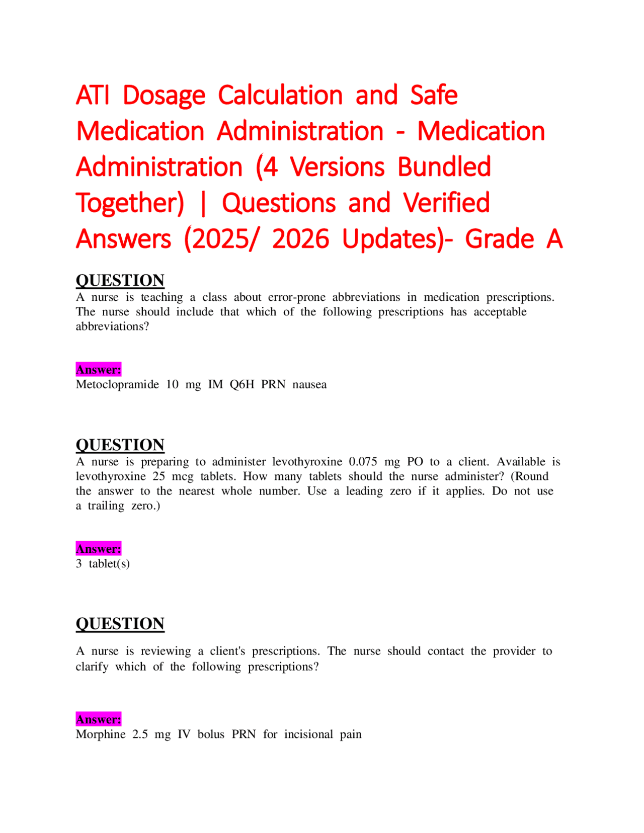 ATI Dosage Calculation and Safe Medication Administration - Medication ...