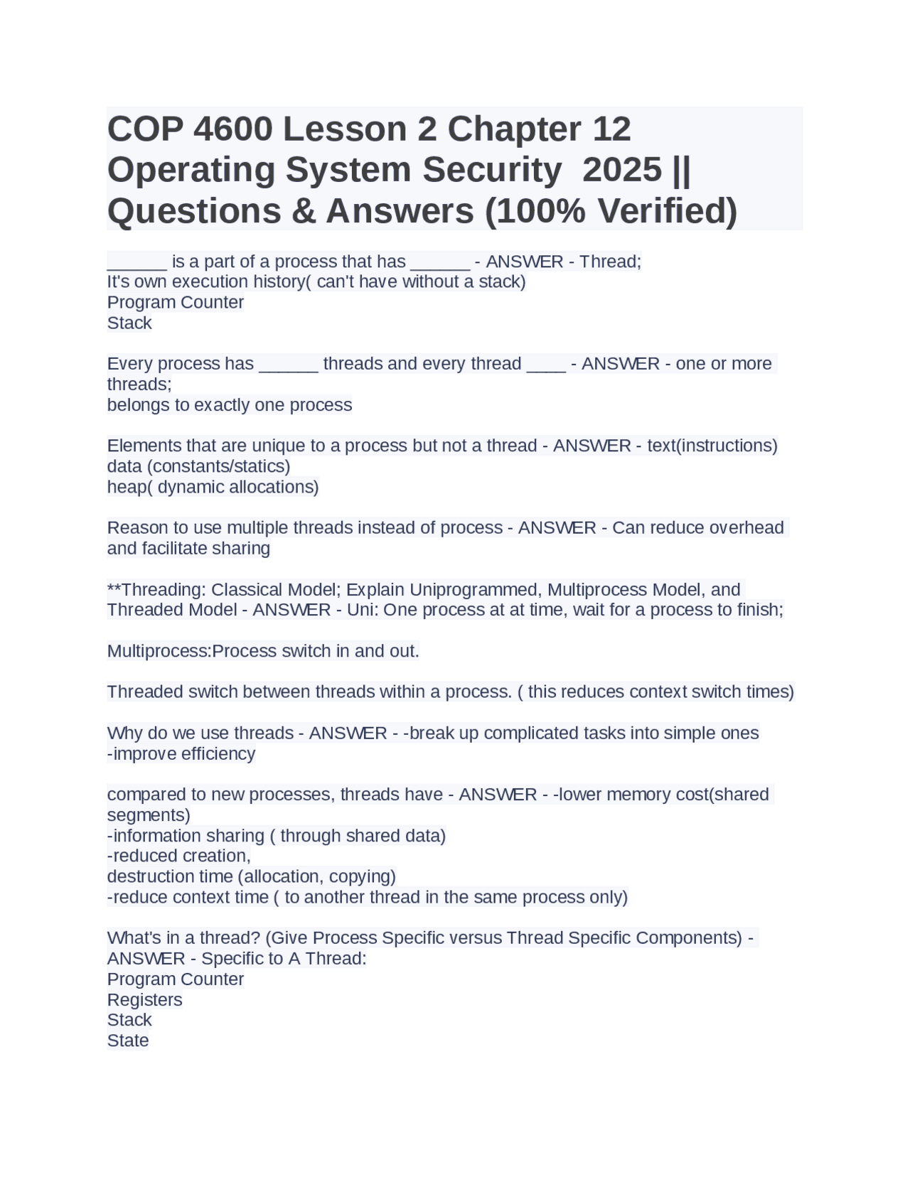 COP 4600 Lesson 2 Chapter 12 Operating System Security 2025 || Questions & Answers (100% ...