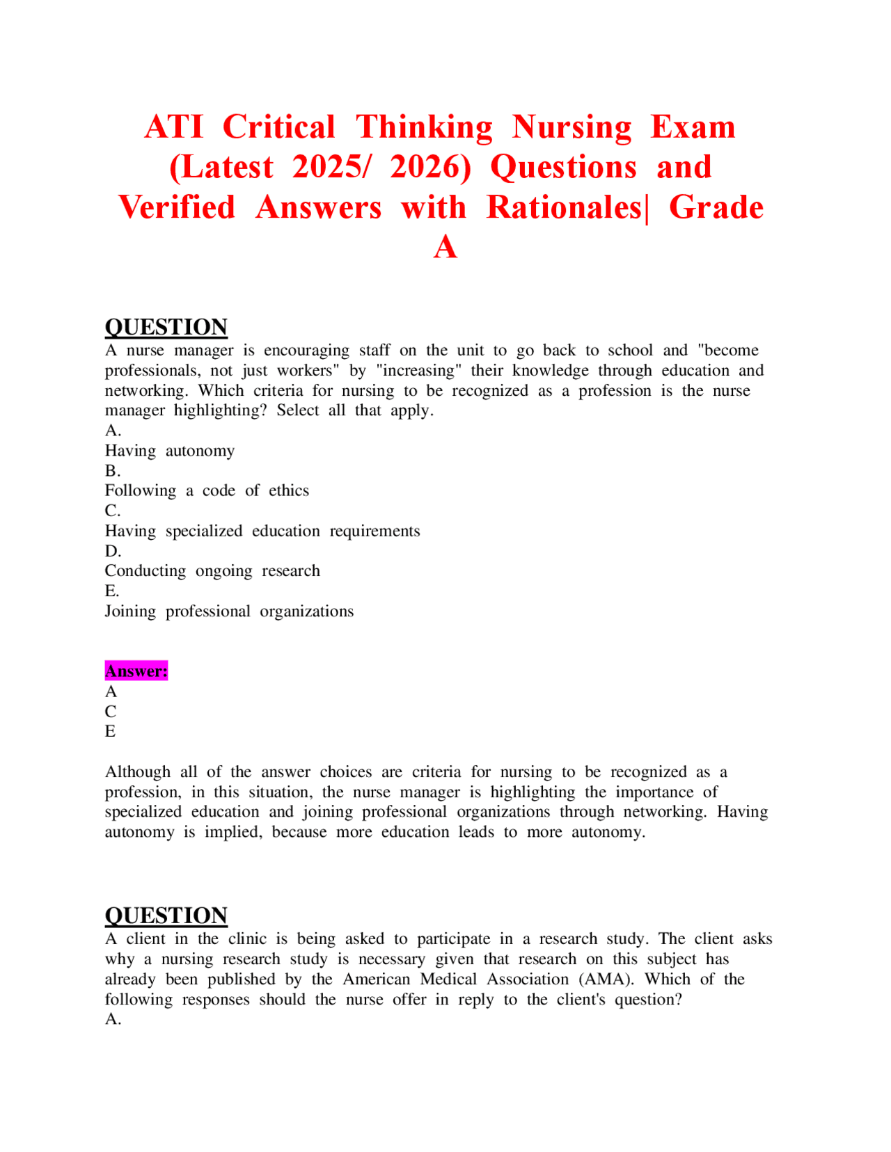 ATI Critical Thinking Nursing Exam (Latest 2025/ 2026) Questions and ...