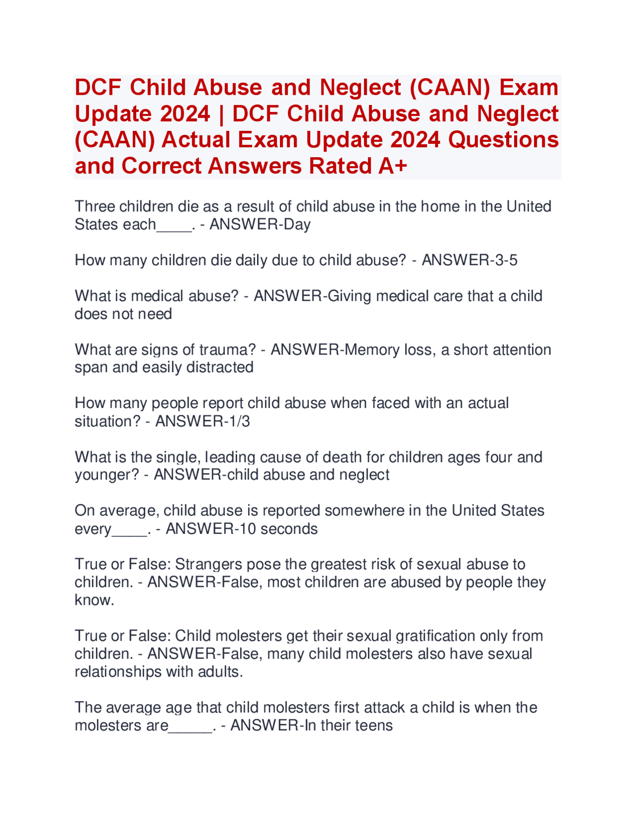 DCF Child Abuse and Neglect (CAAN) Exam Update 2024 DCF Child Abuse and Neglect (CAAN) | Exams ...