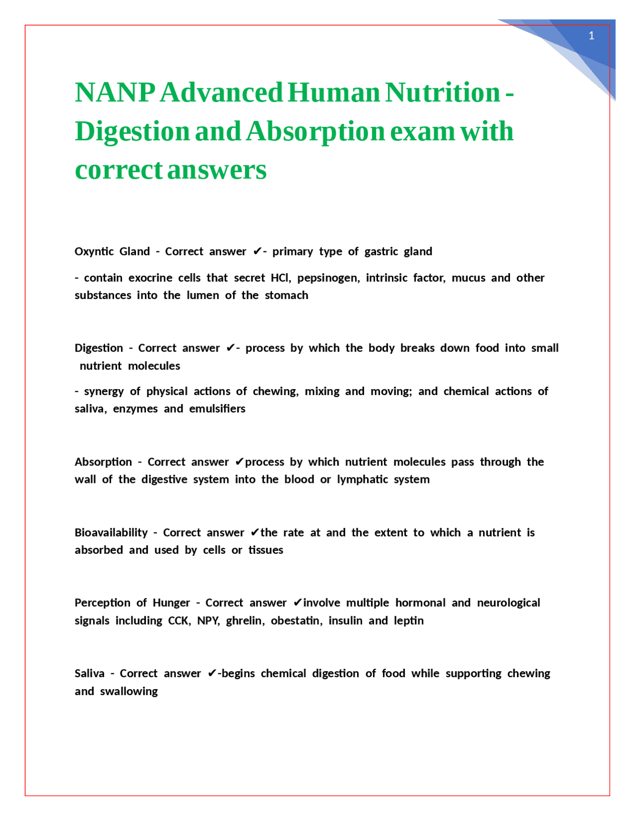 NANP Advanced Human Nutrition - Digestion and Absorption exam with ...