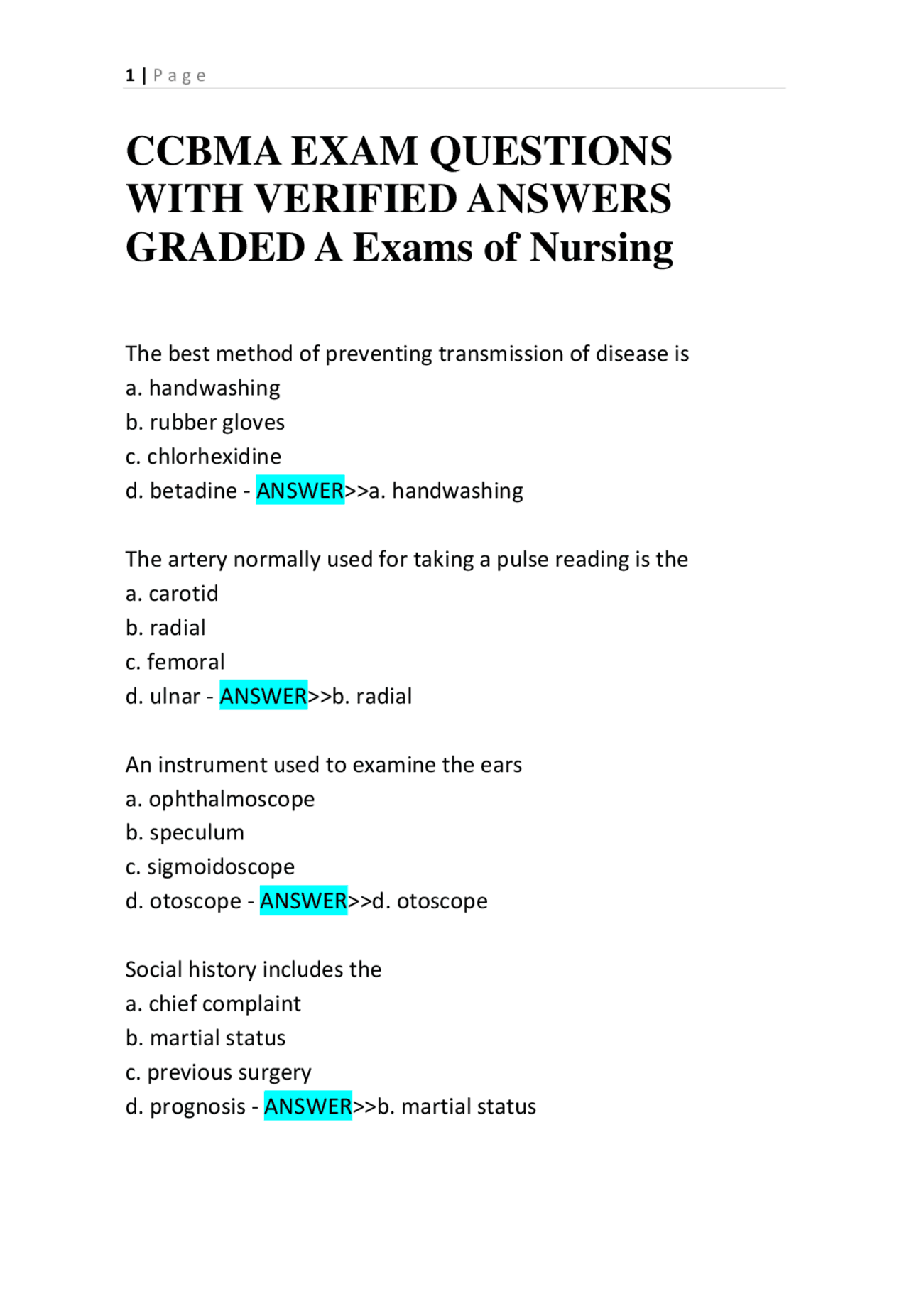 CCBMA EXAM QUESTIONS WITH VERIFIED ANSWERS GRADED A Exams of Nursing | Exams Nursing | Docsity