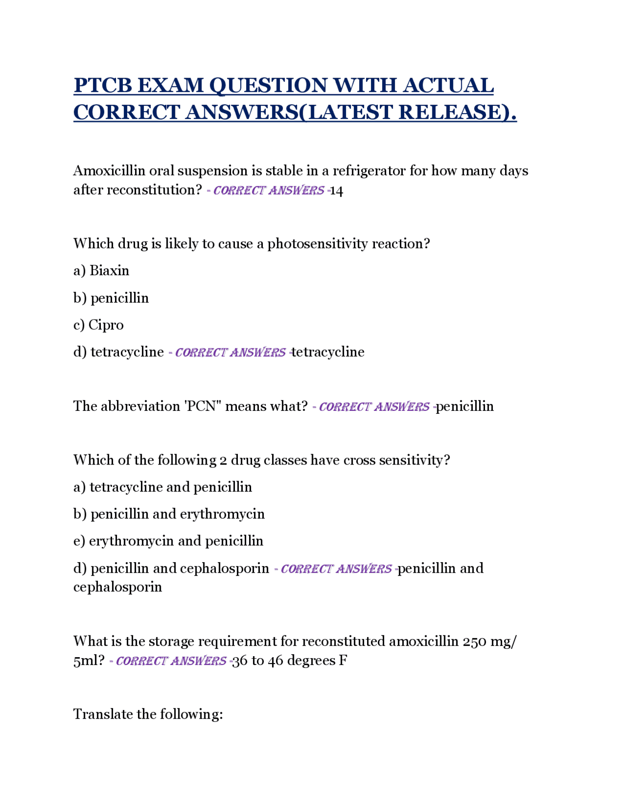 PTCB EXAM QUESTION WITH ACTUAL CORRECT ANSWERS(LATEST RELEASE). | Exams ...