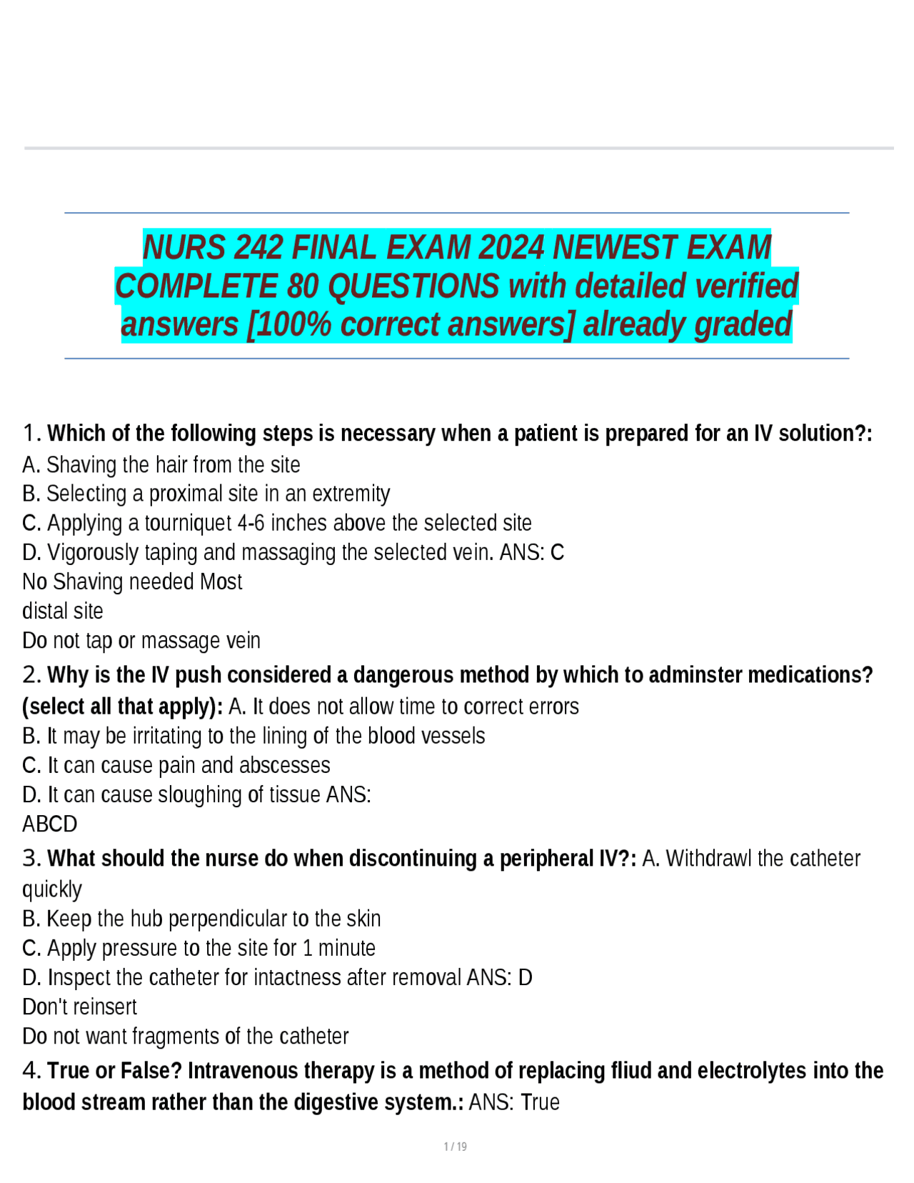 NURS 242 FINAL EXAM 2024 NEWEST EXAM COMPLETE 80 QUESTIONS with ...