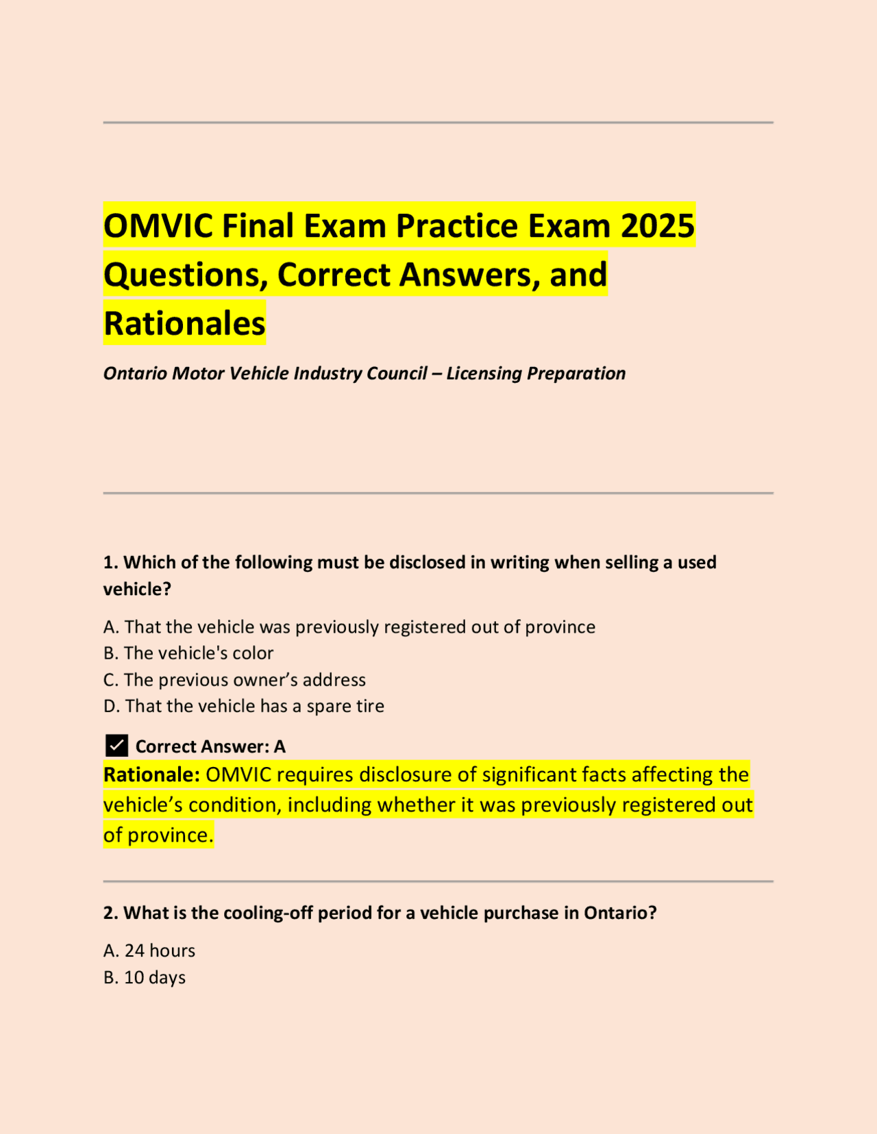 OMVIC Final Exam Practice Exam 2025 Questions, Correct Answers, and ...