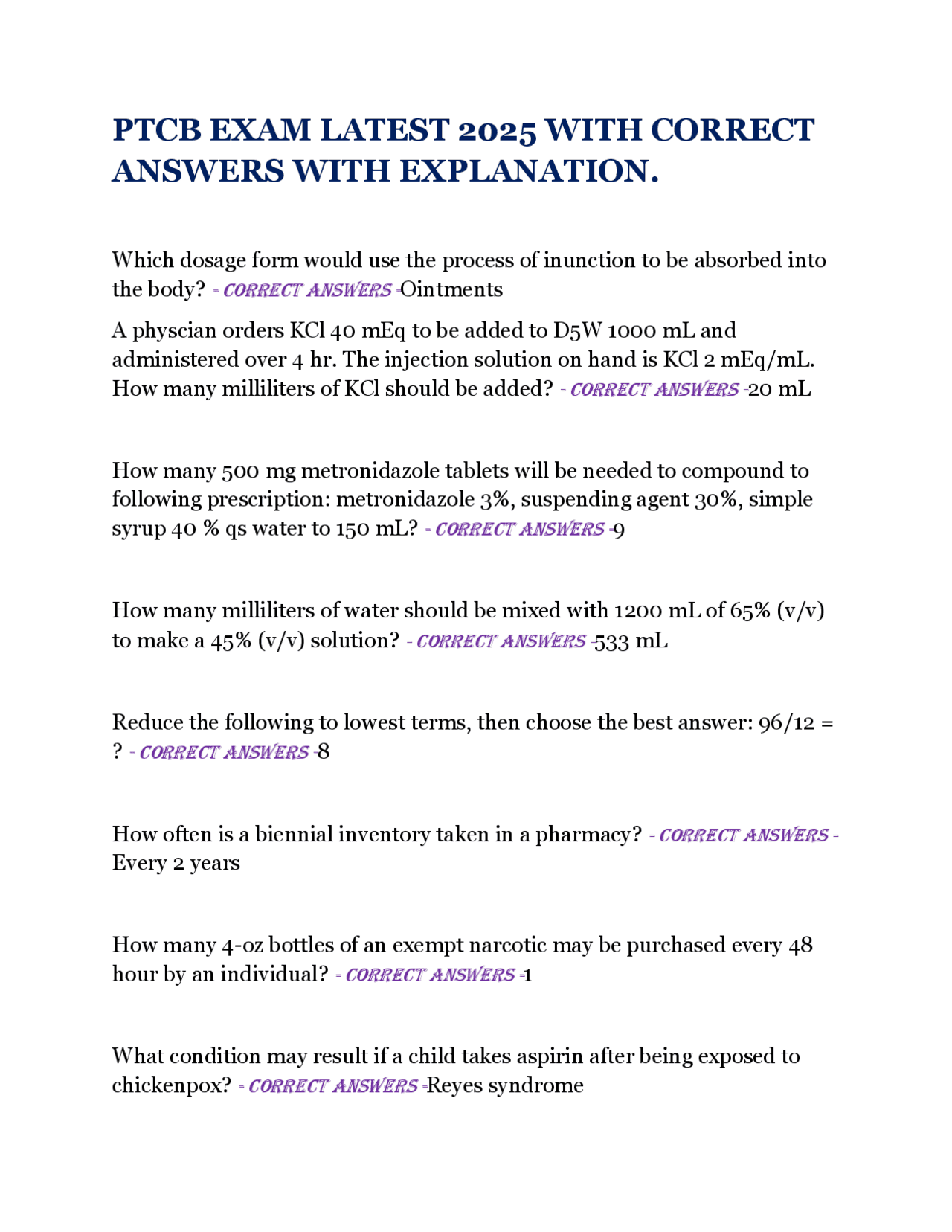 PTCB EXAM LATEST 2025 WITH CORRECT ANSWERS WITH EXPLANATION. | Exams ...