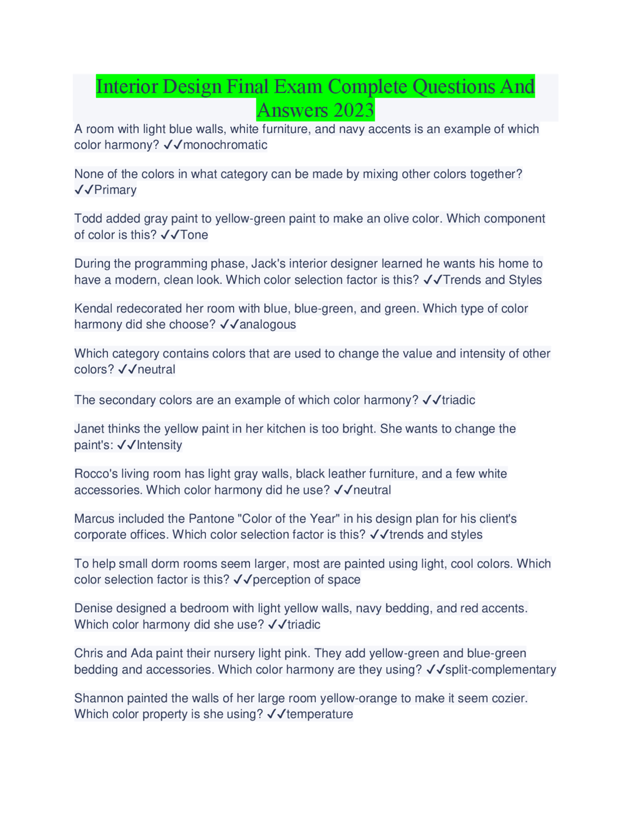 Interior Design Final Exam Complete Questions And Answers | Exams ...