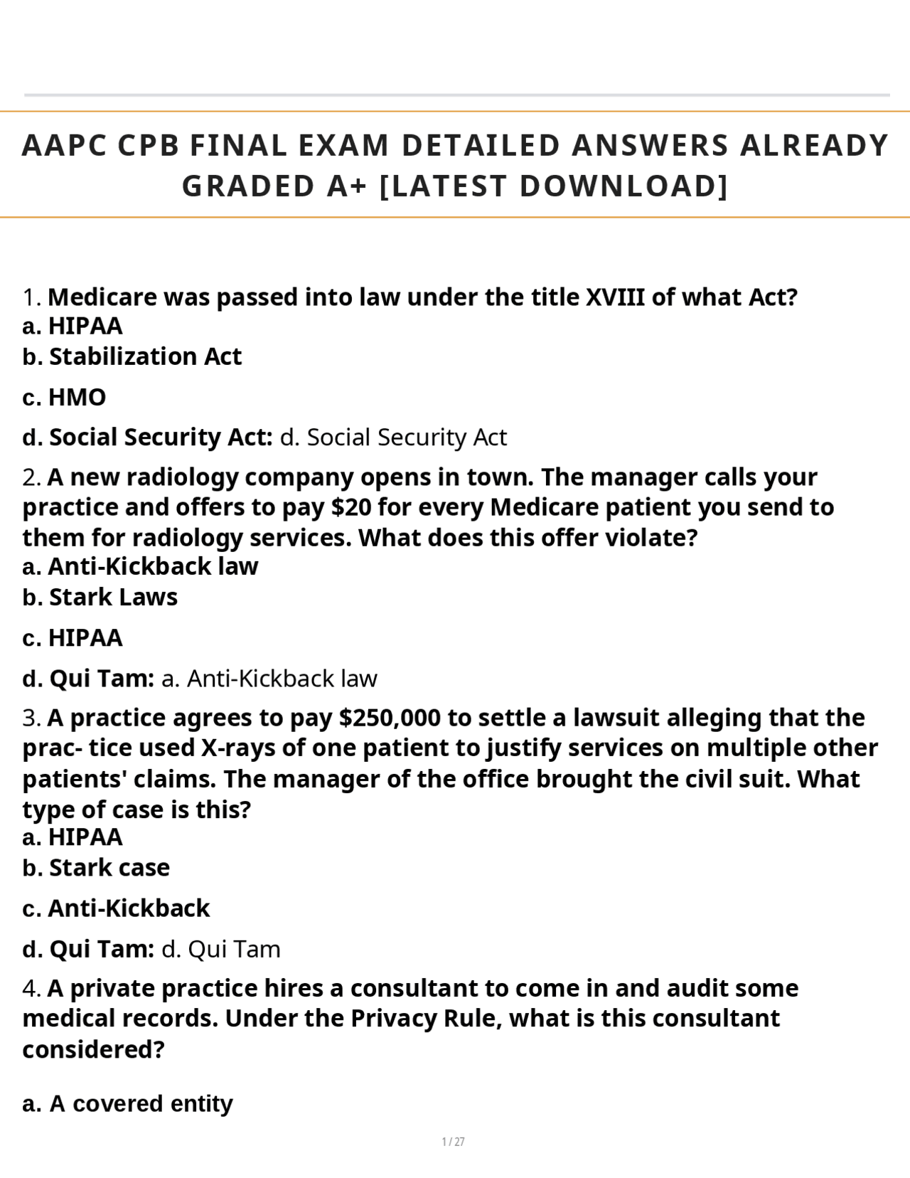 AAPC CPB FINAL EXAM DETAILED ANSWERS ALREADY GRADED A+ [LATEST DOWNLOAD ...