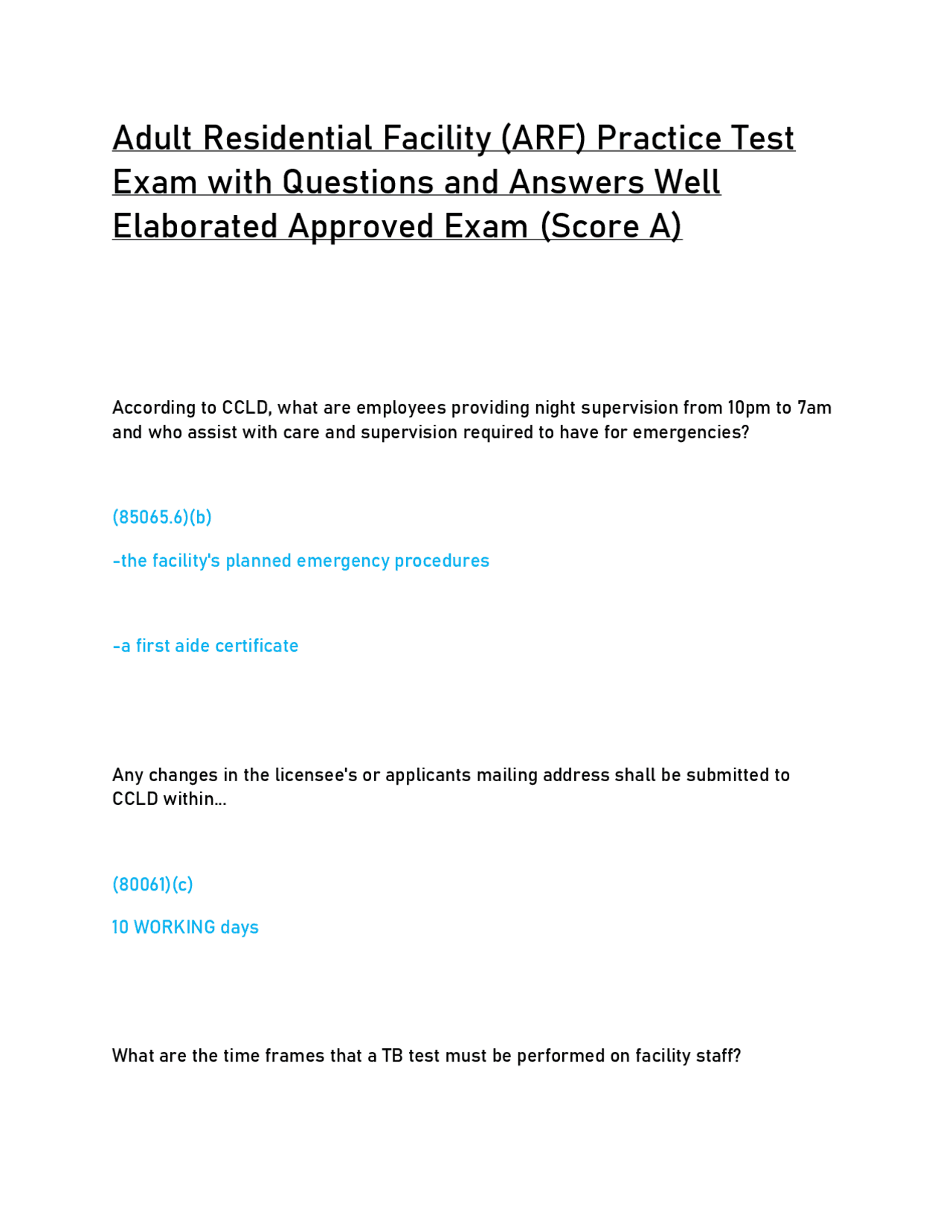 Adult Residential Facility (ARF) Practice Test Exam with Questions and ...