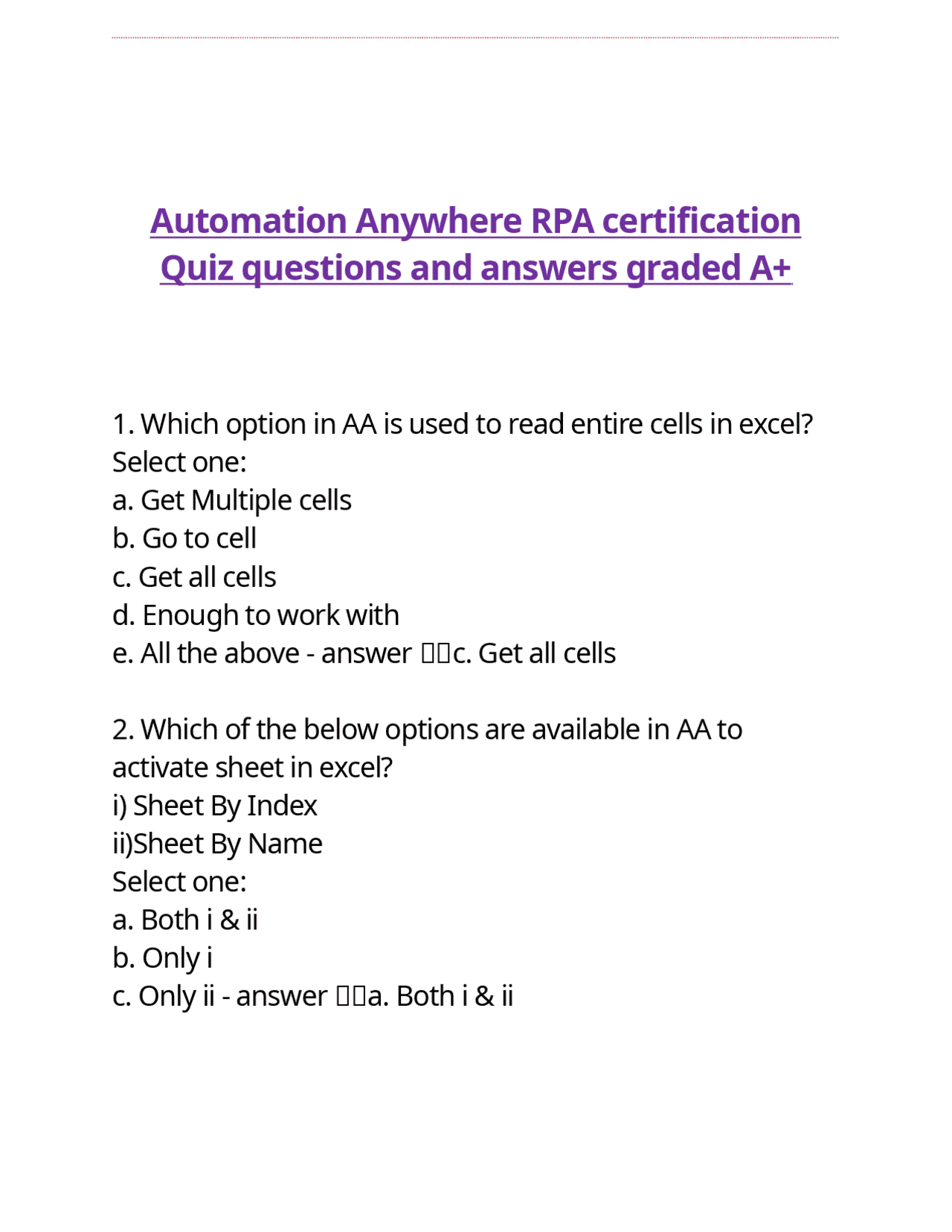 Automation Anywhere RPA Certification Quiz Questions and Answers | Exams Nursing | Docsity
