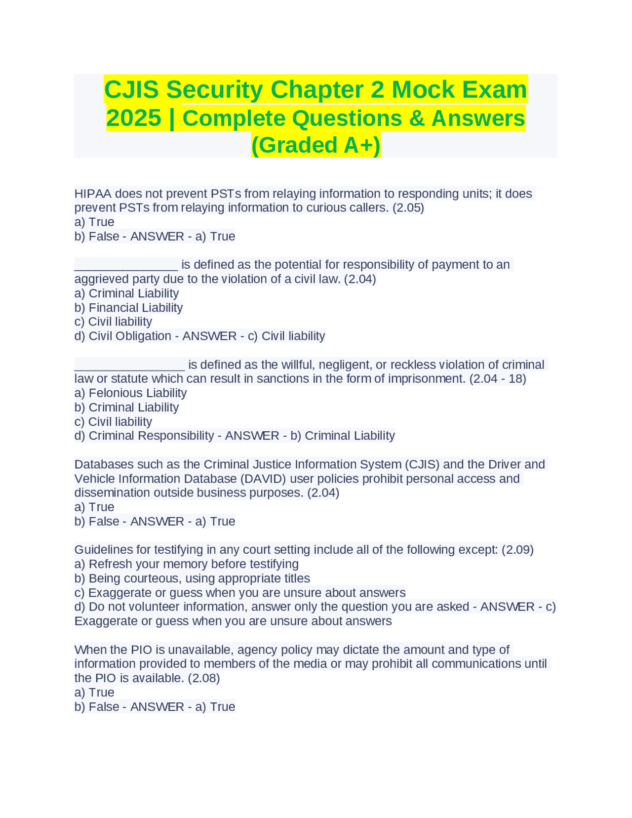CJIS Security Chapter 2 Mock Exam 2025 | Complete Questions & Answers ...