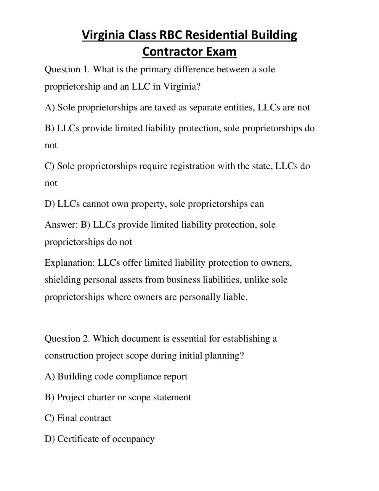 Virginia Class RBC Residential Building Contractor Exam | Exams ...