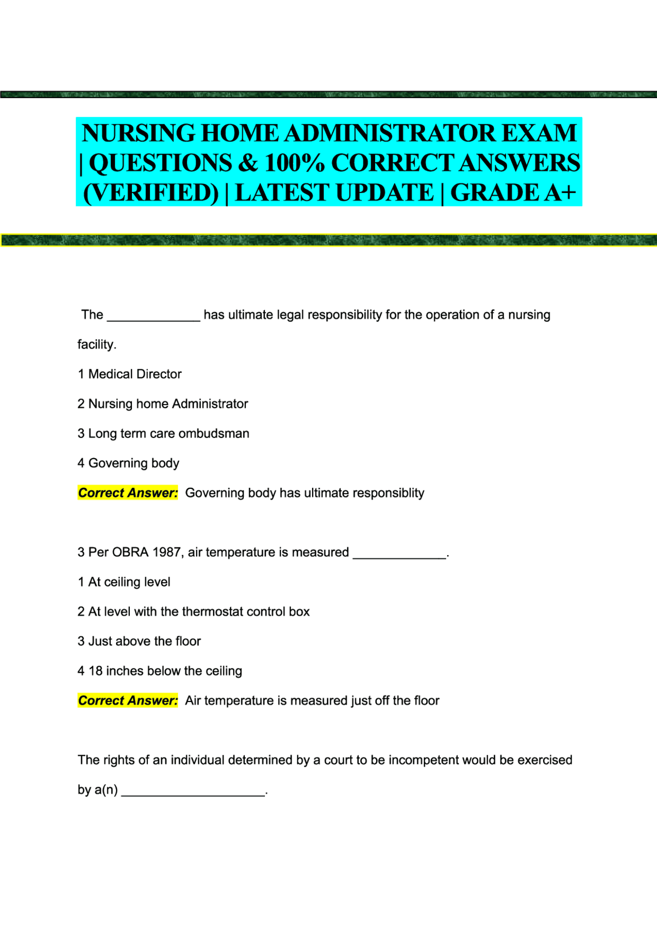 Federal Nursing Home Administrator Exam COMPLETE QUESTIONS AND ANSWERS ...