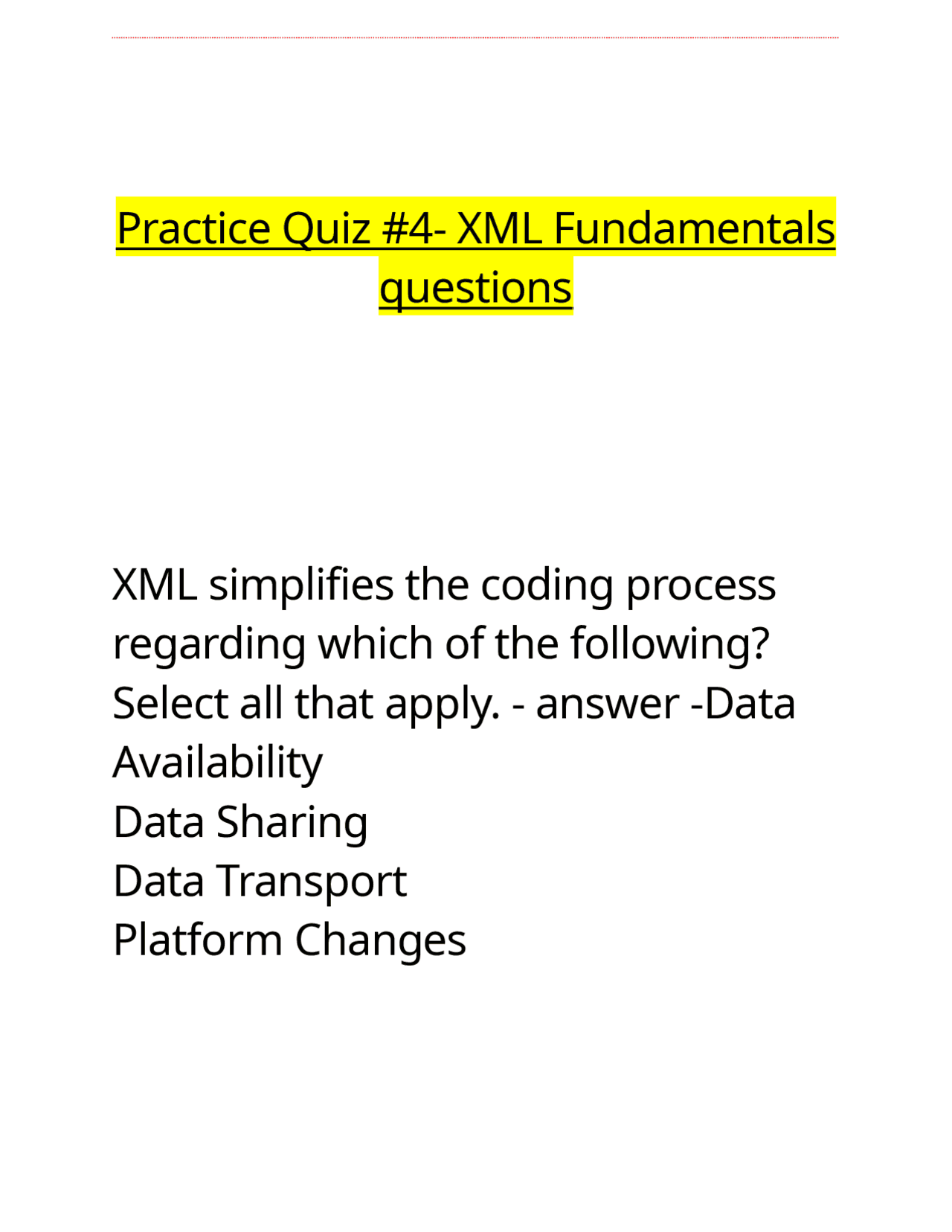 XML Fundamentals Practice Quiz: Key Concepts and Solutions | Exams Nursing | Docsity