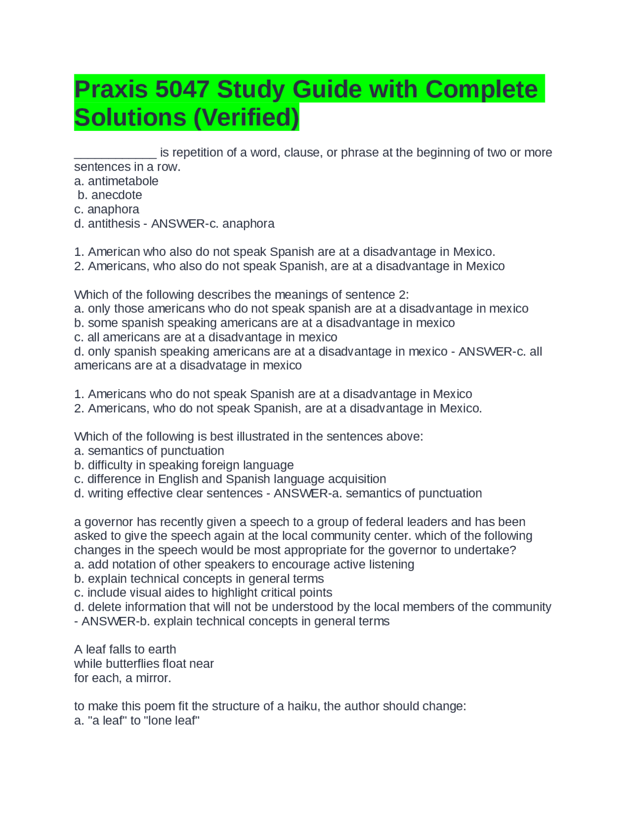 Praxis 5047 Study Guide with Complete Solutions | Exams Advanced ...