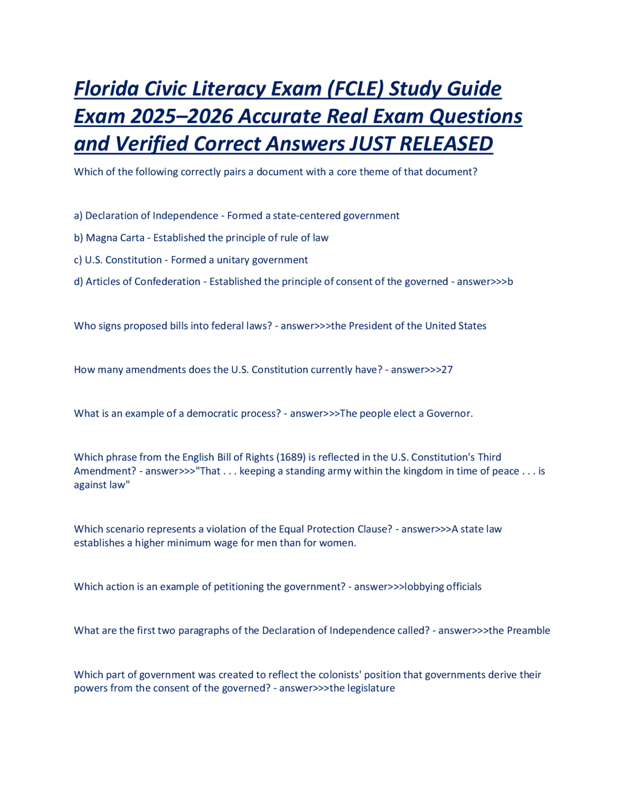 Florida Civic Literacy Exam (FCLE) Study Guide Exam 2025–2026 Accurate ...