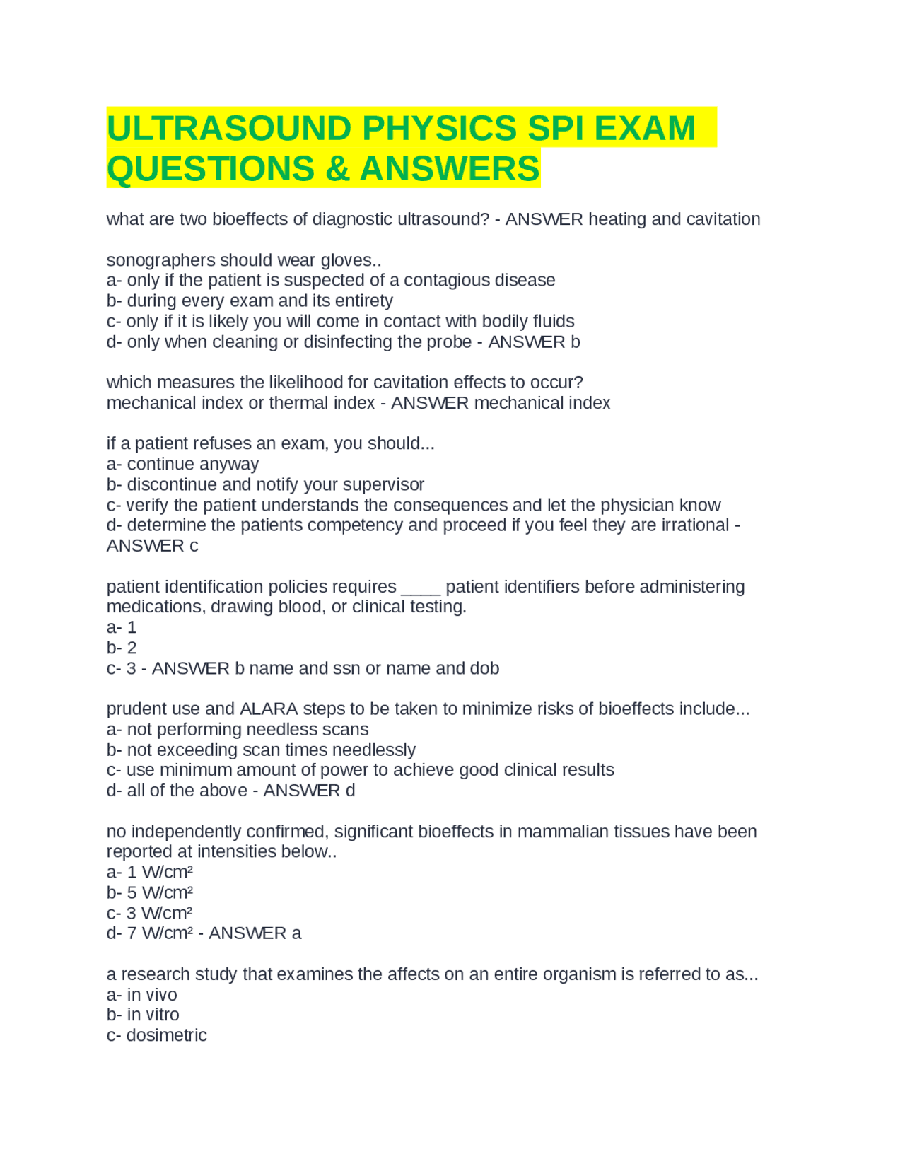 ULTRASOUND PHYSICS SPI EXAM QUESTIONS & ANSWERS | Exams Nursing | Docsity