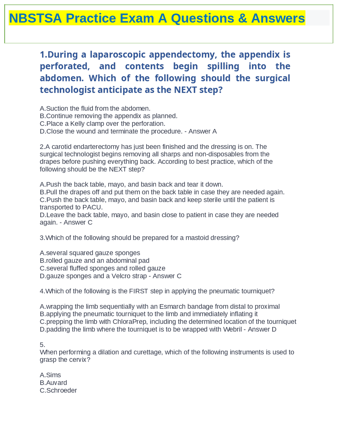 NBSTSA Practice Exam A Questions & Answers | Exams Nursing | Docsity