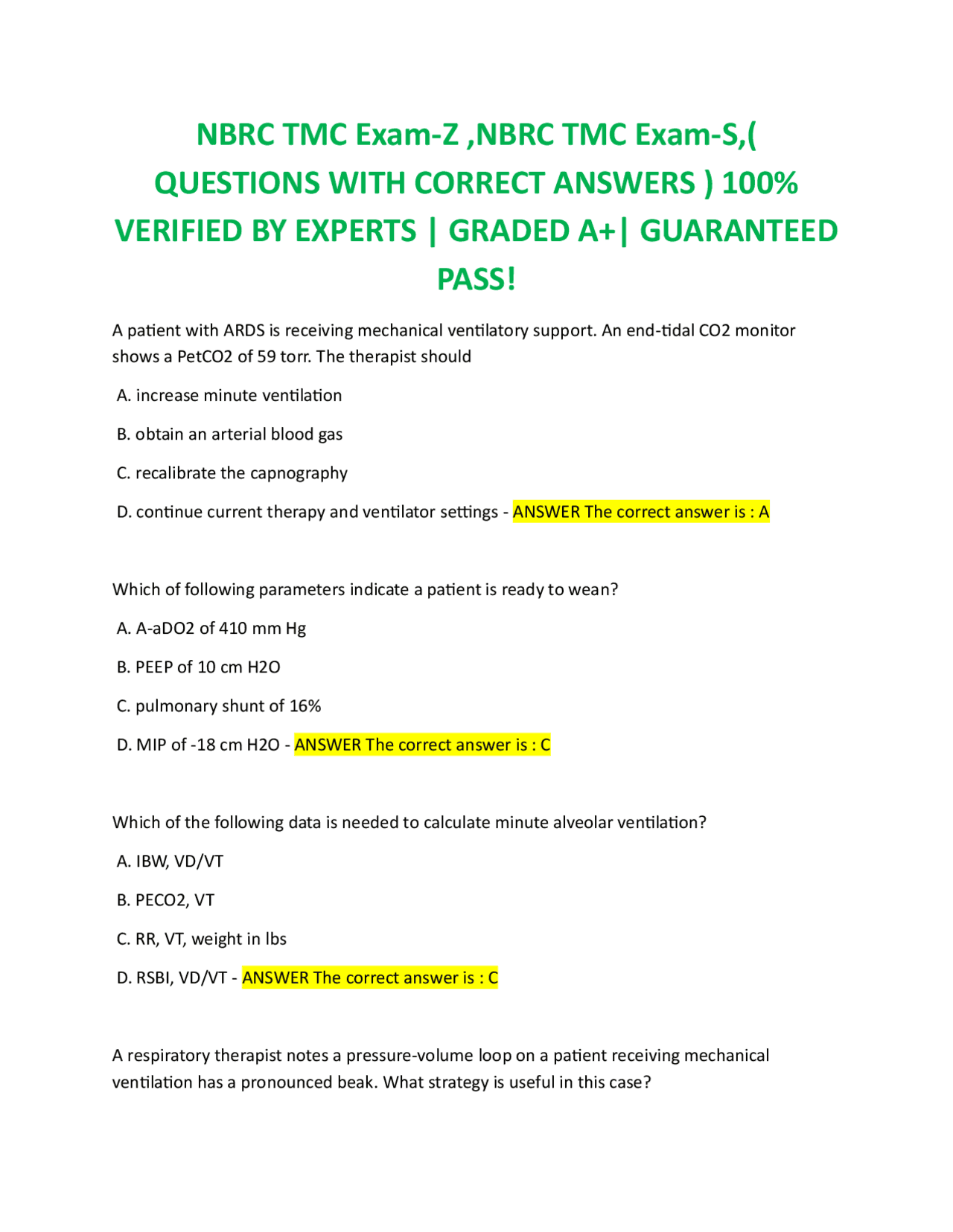 NBRC TMC Exam-Z ,NBRC TMC Exam-S,( QUESTIONS WITH CORRECT ANSWERS ) 100% VERIFIED BY EXP | Exams ...