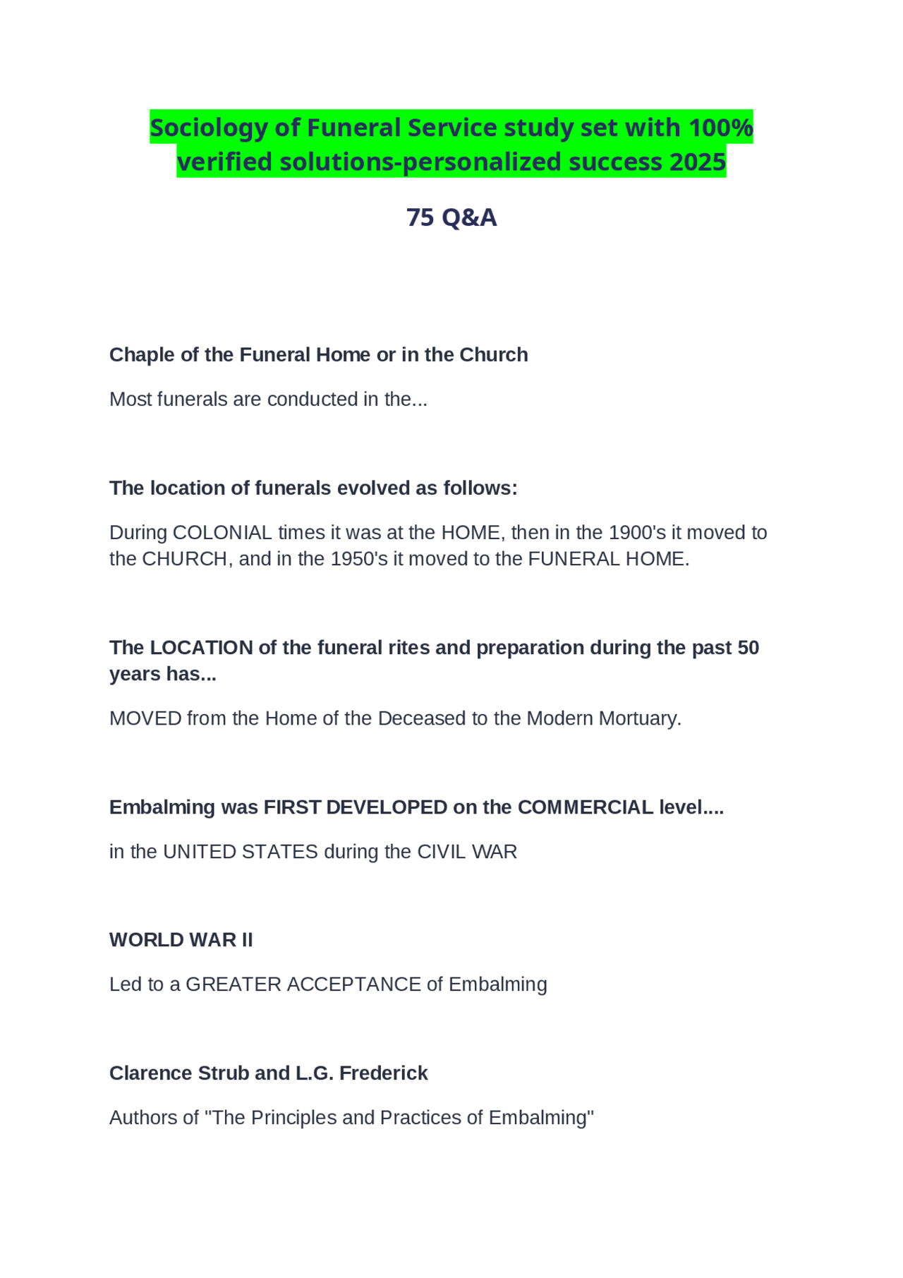 Sociology of Funeral Service study set with 100% verified solutions ...