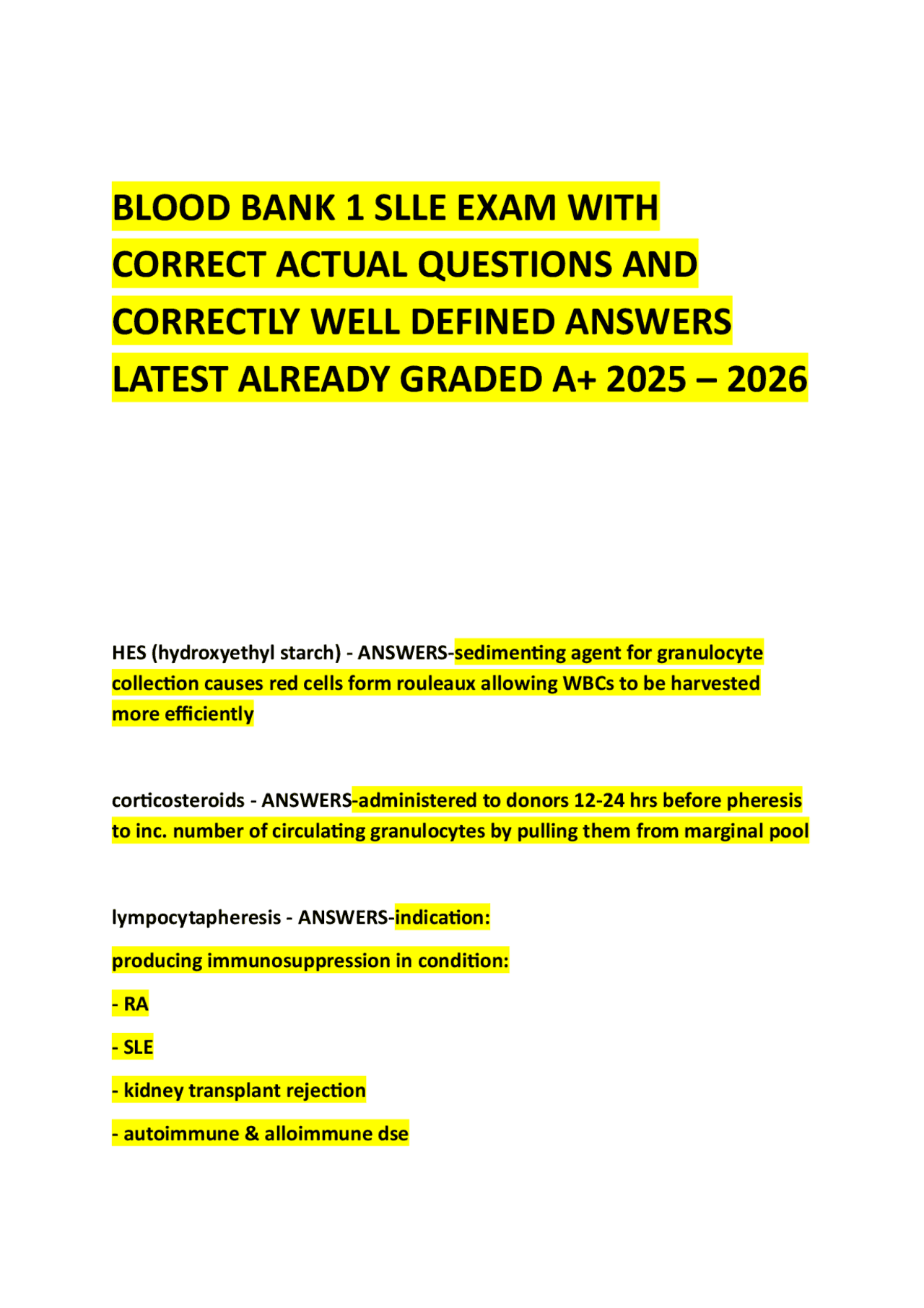 BLOOD BANK 1 SLLE EXAM WITH CORRECT ACTUAL QUESTIONS AND CORRECTLY WELL ...