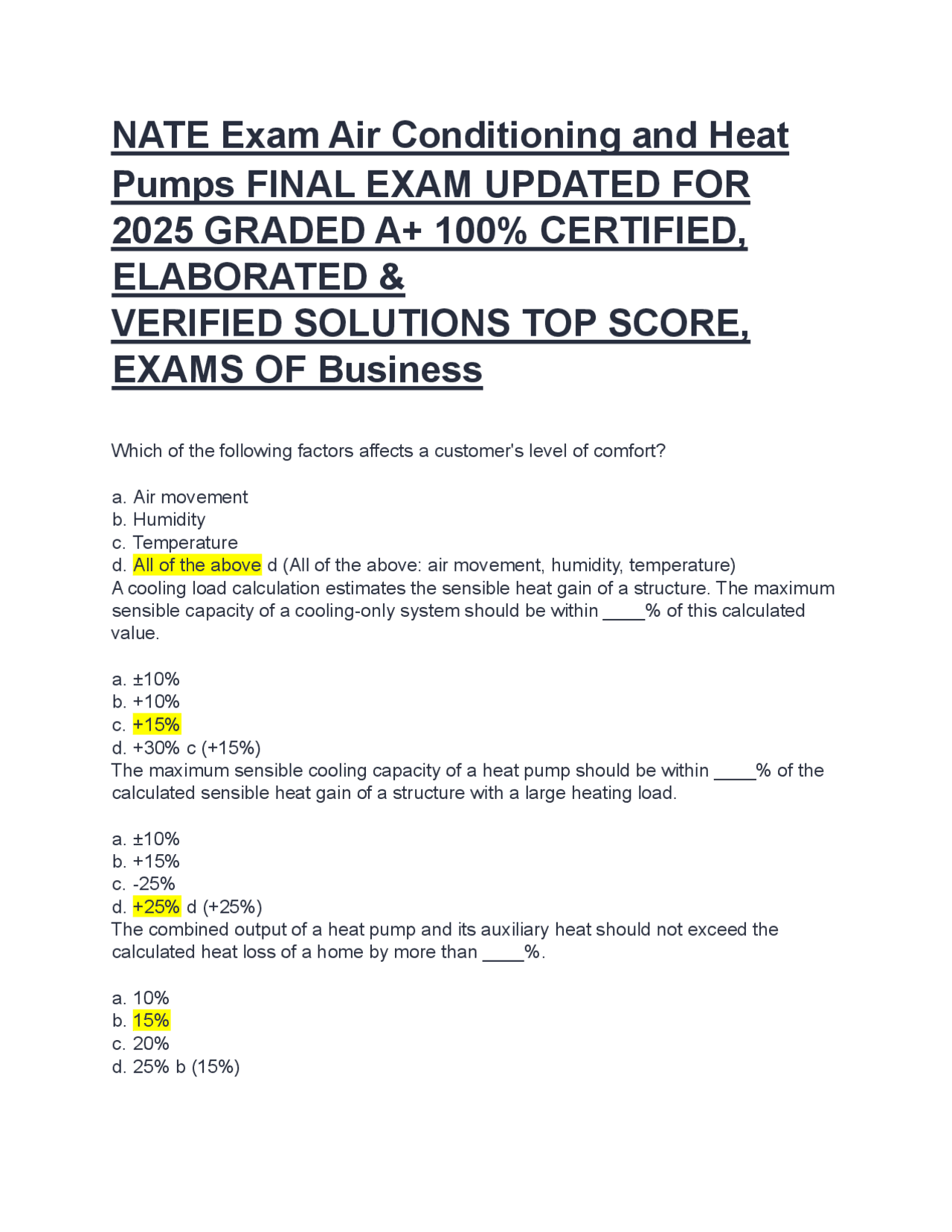 NATE Exam Air Conditioning and Heat Pumps FINAL EXAM UPDATED FOR 2025 ...