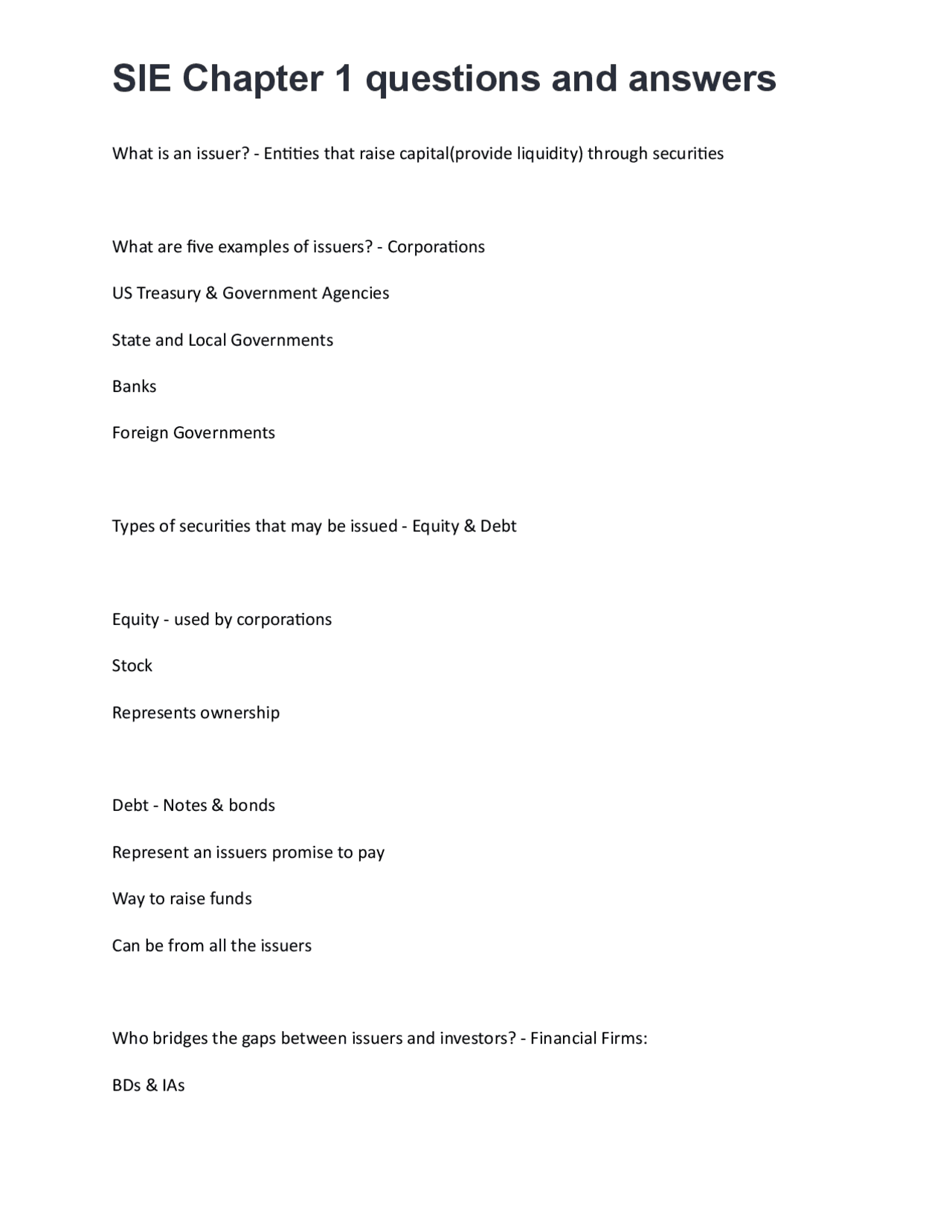 SIE Chapter 1 questions and answers. | Exams Nursing | Docsity