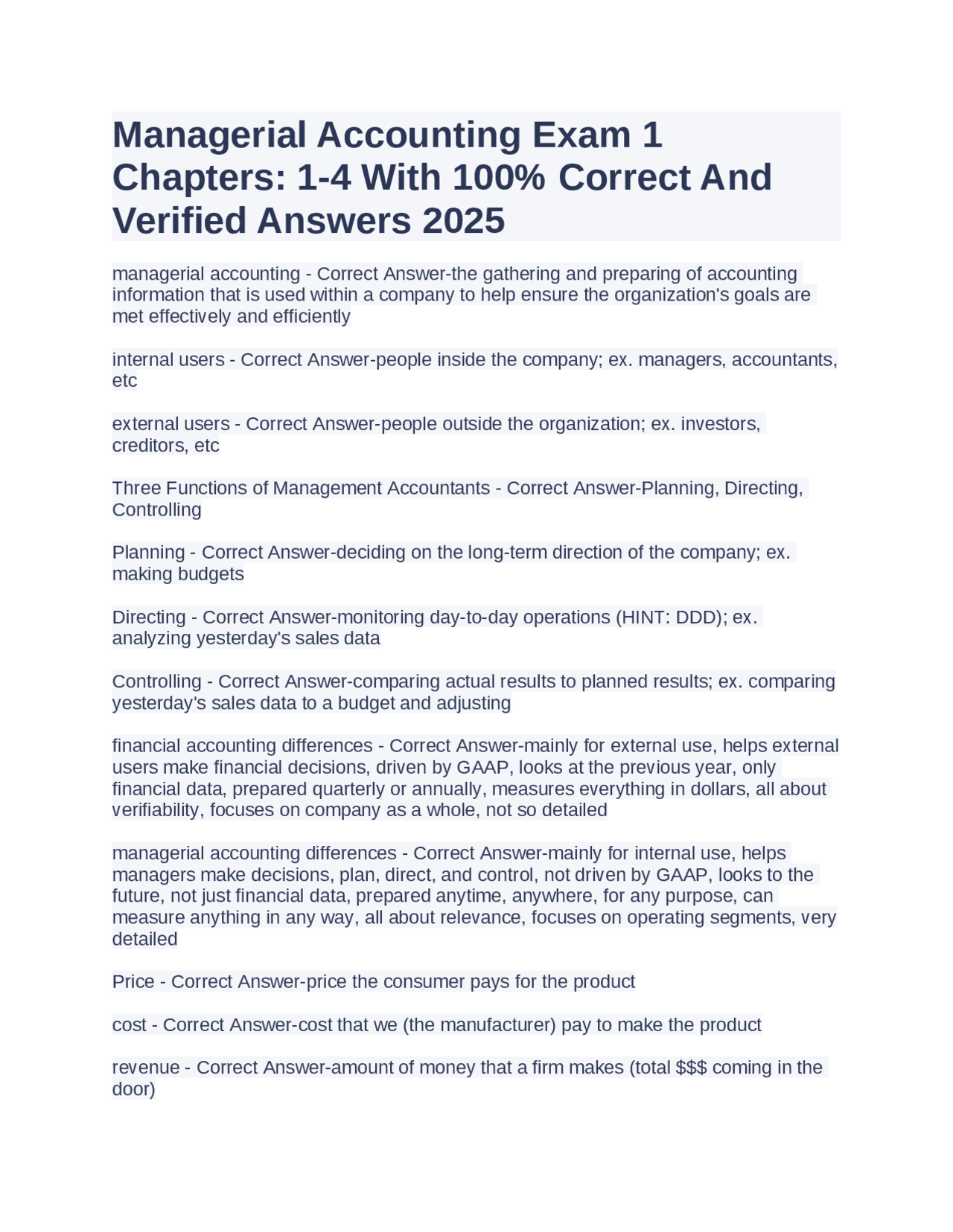 Managerial Accounting Exam 1 Chapters: 1-4 With 100% Correct And Verified Answers 2025 | Exams ...