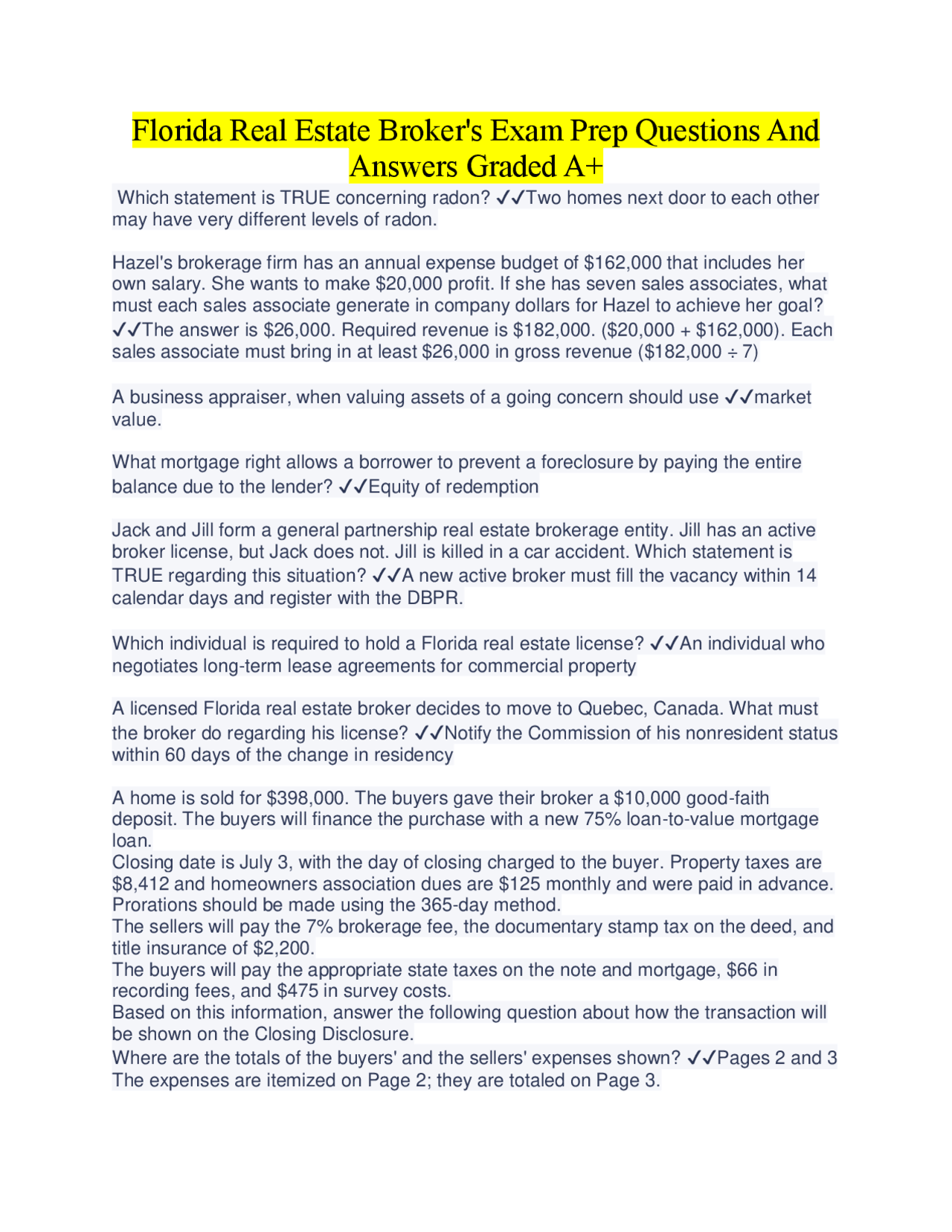 Florida Real Estate Broker's Exam Prep Questions And Answers Graded A+ ...