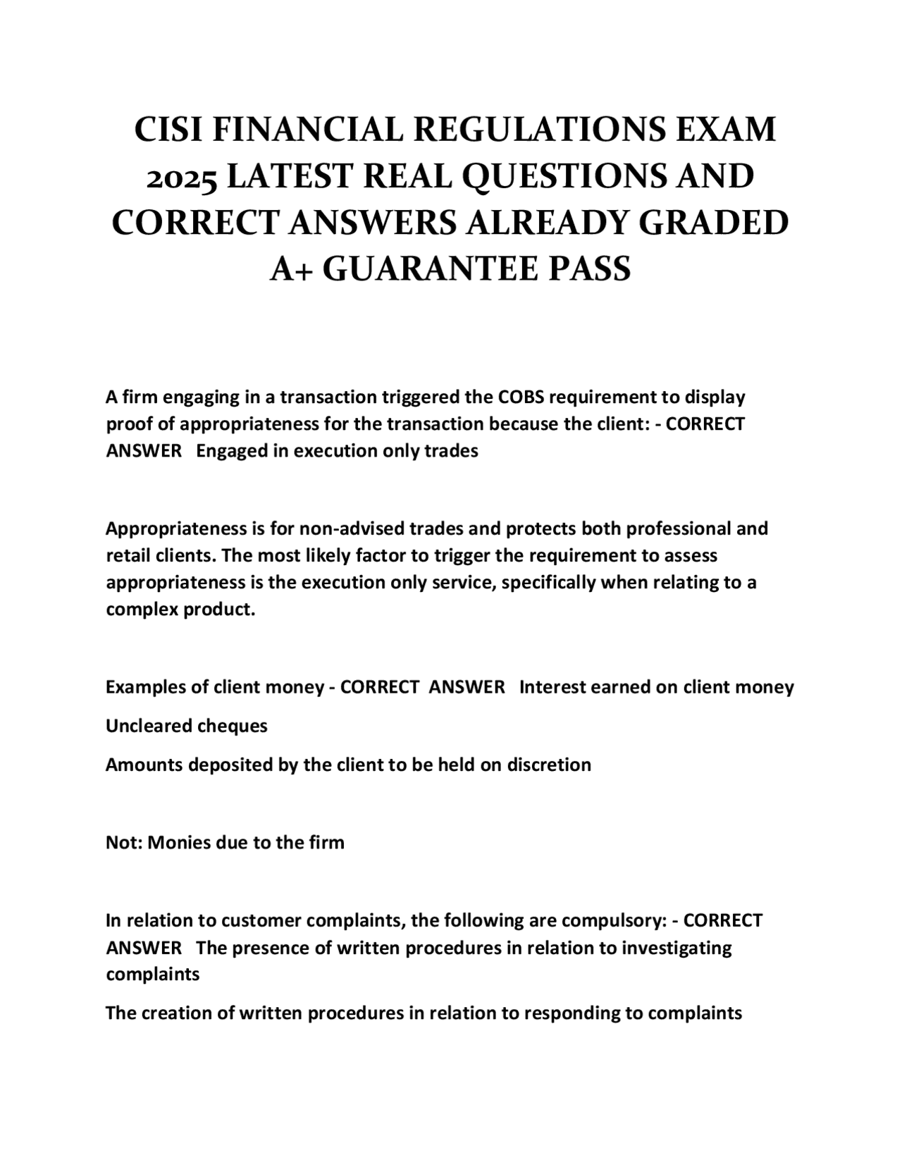CISI FINANCIAL REGULATIONS EXAM 2025 LATEST REAL QUESTIONS AND CORRECT ...