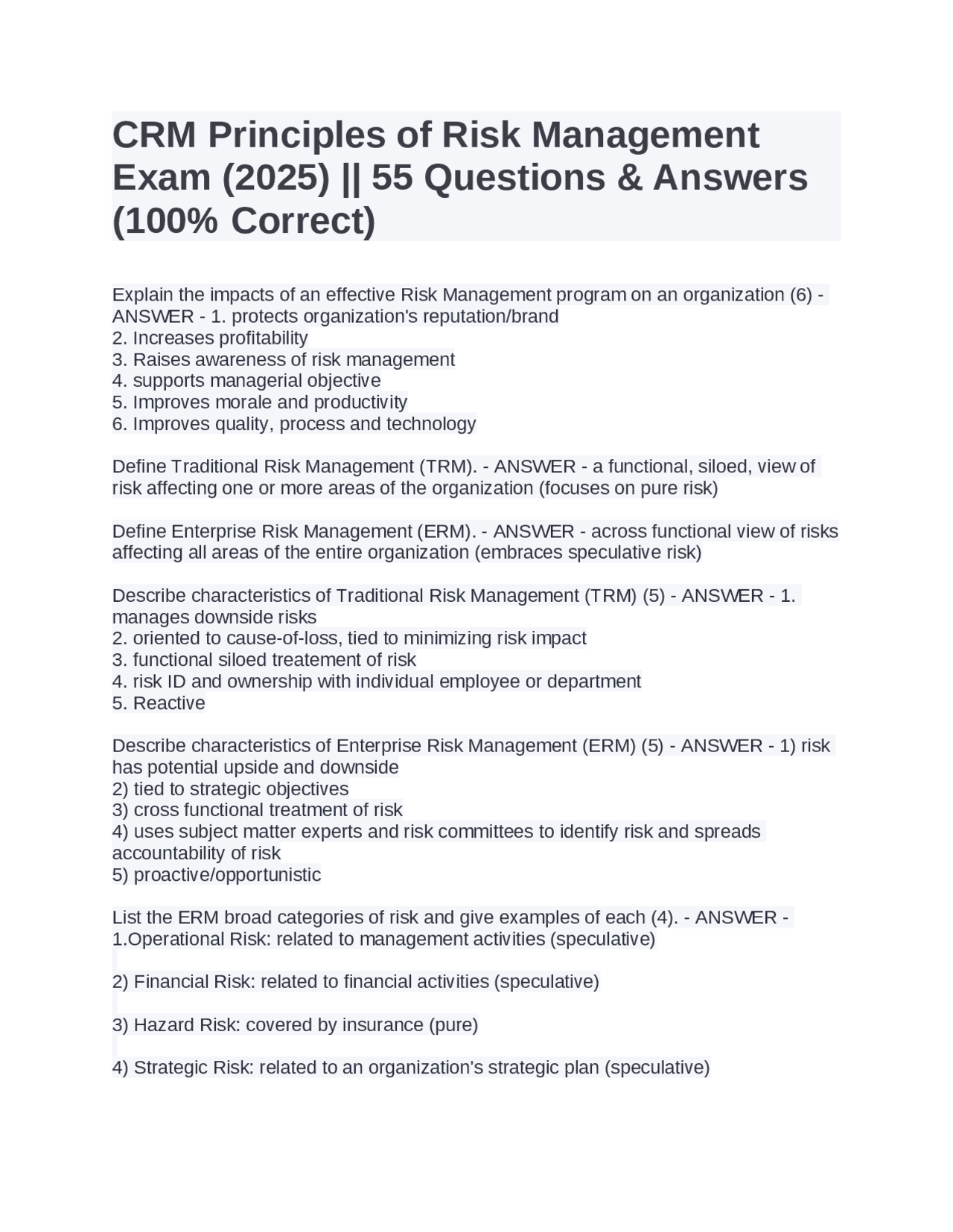 CRM Principles of Risk Management Exam (2025) || 55 Questions & Answers ...
