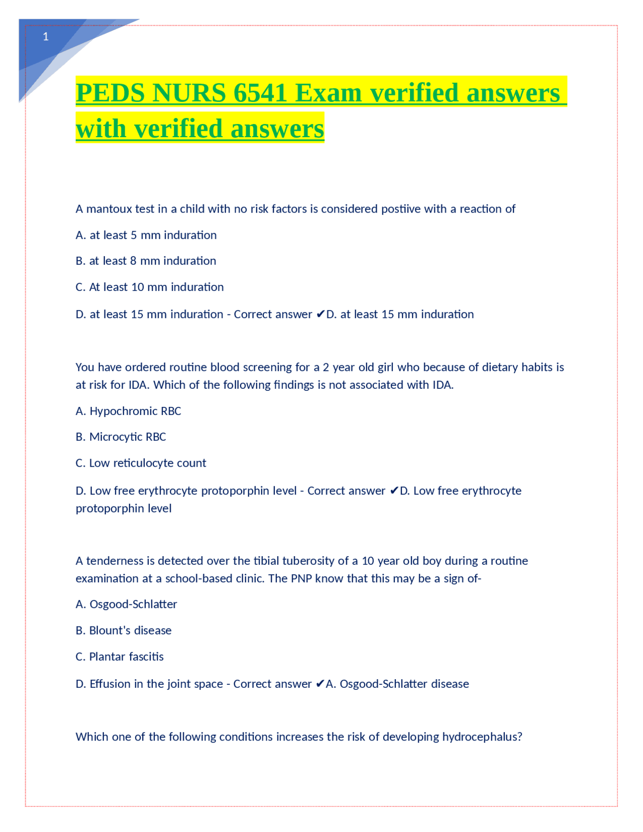 PEDS NURS 6541 Exam verified answers with verified answers | Exams ...
