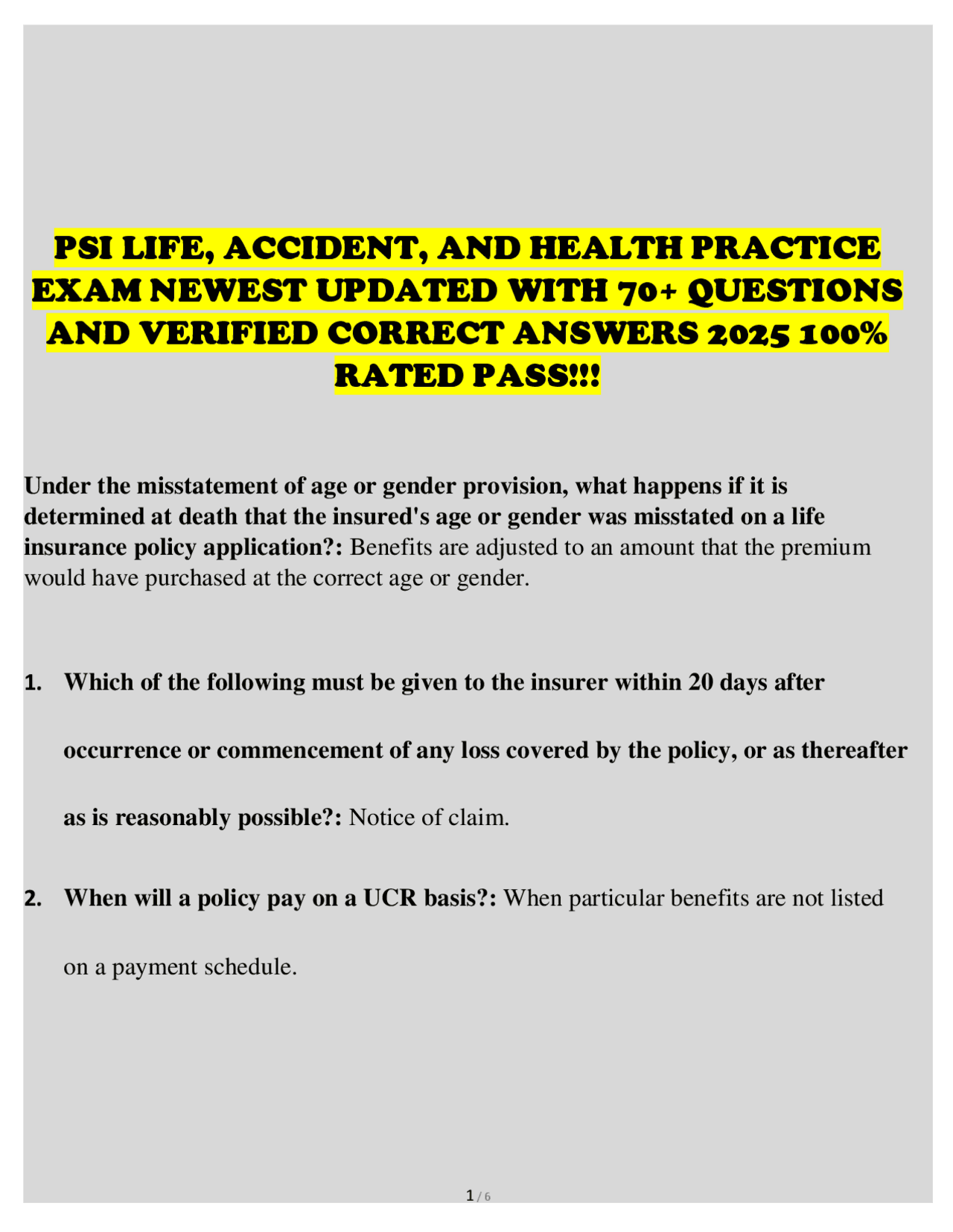 PSI LIFE, ACCIDENT, AND HEALTH PRACTICE EXAM NEWEST UPDATED WITH 70 ...