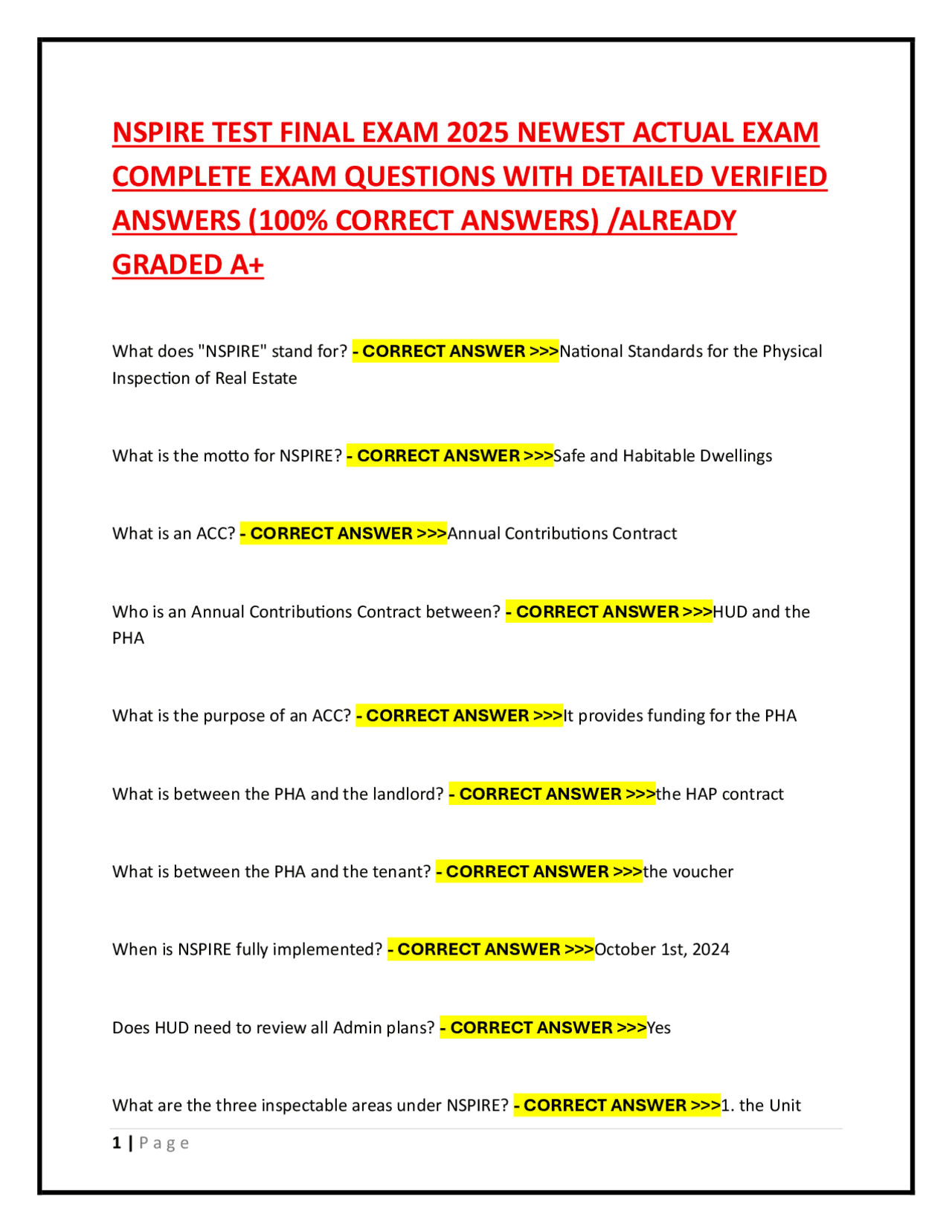 NSPIRE TEST FINAL EXAM 2025 NEWEST ACTUAL EXAM COMPLETE EXAM QUESTIONS ...