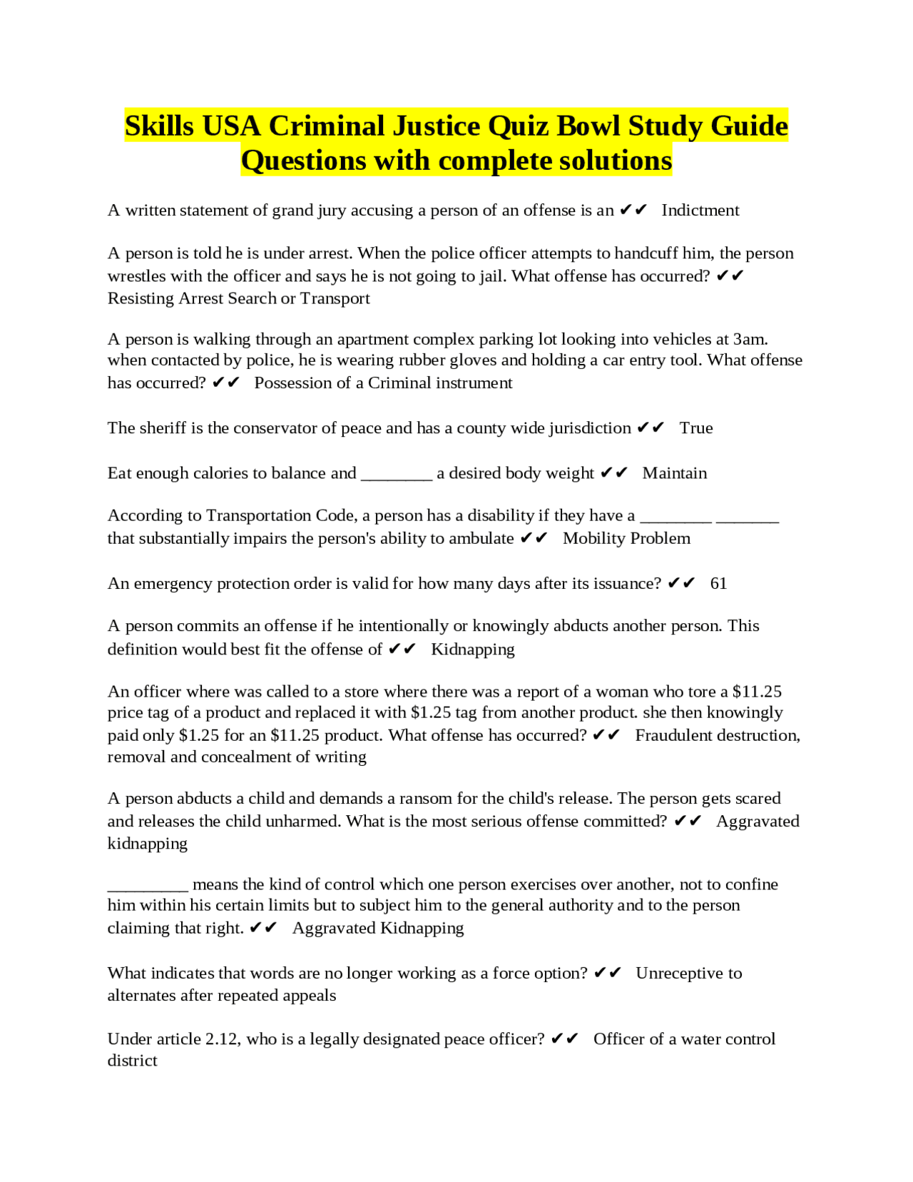 Skills USA Criminal Justice Quiz Bowl Study Guide Questions with ...