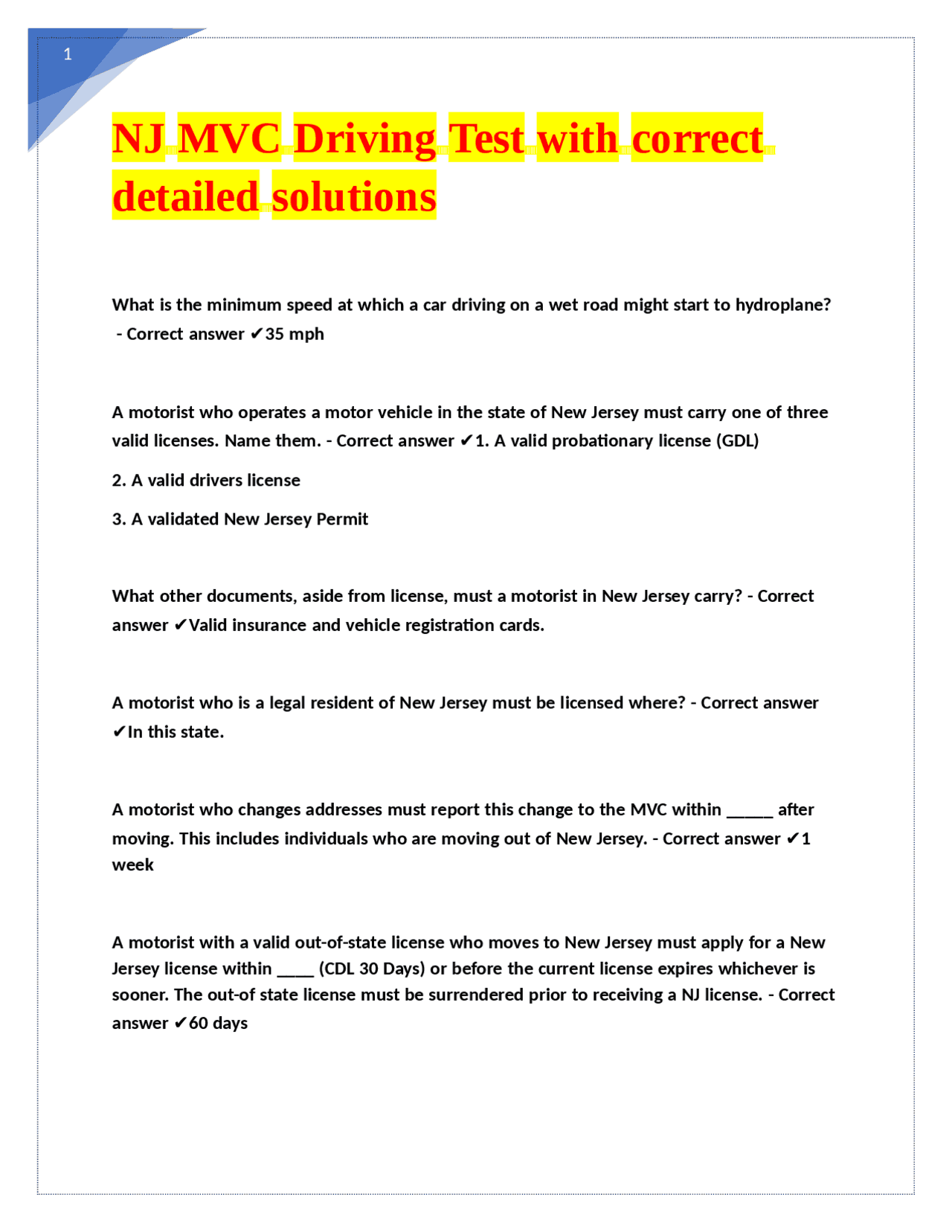 NJ MVC Written Test 2025 (368 questions) with precise detailed ...