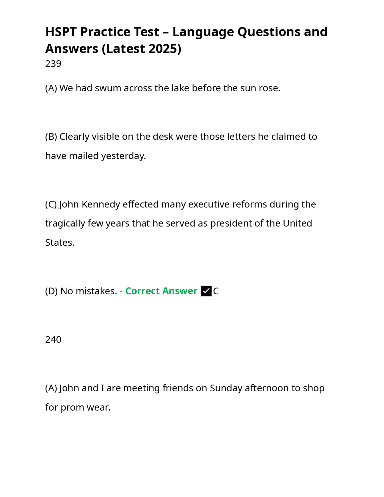 HSPT Practice Test: Grammar and Sentence Correction Exercises | Exams ...