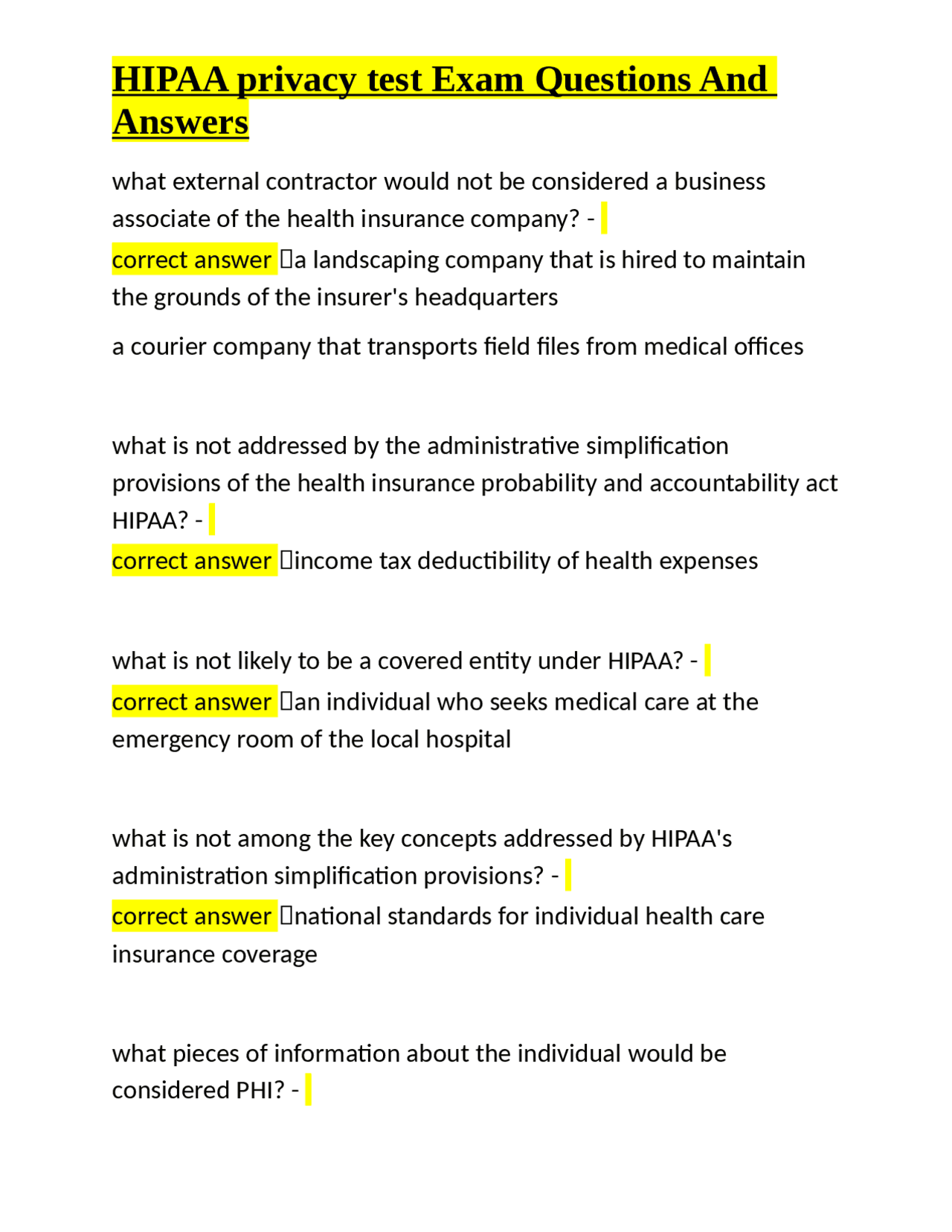 HIPAA Privacy Rule Exam Questions and Answers | Exams Medical Records ...