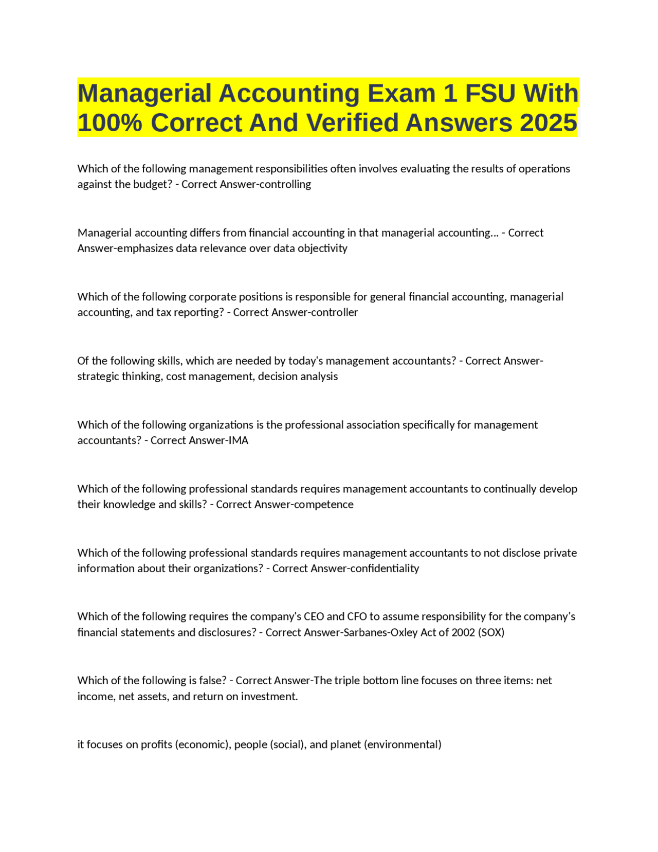 Managerial Accounting Exam 1 FSU With 100% Correct And Verified Answers ...