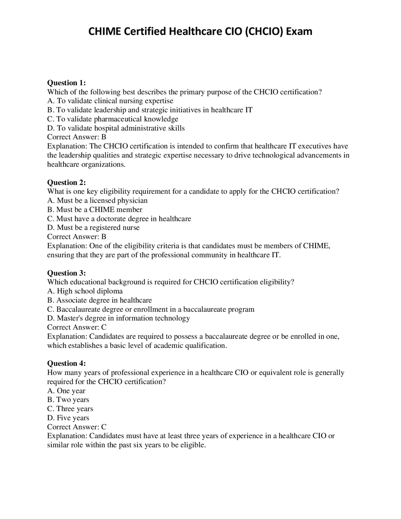 CHIME Certified Healthcare CIO (CHCIO) Exam | Exams Technology | Docsity