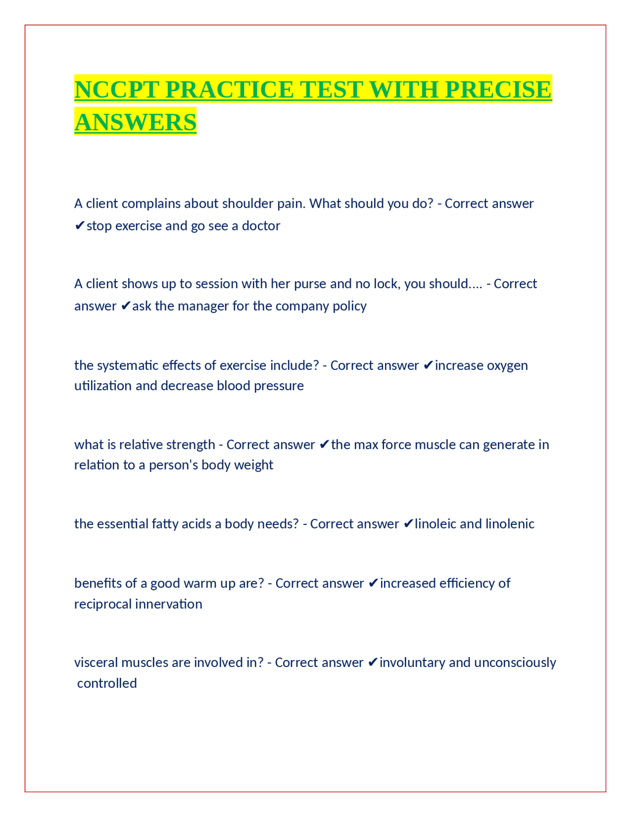 NCCPT PRACTICE TEST WITH PRECISE ANSWERS | Exams Nursing | Docsity