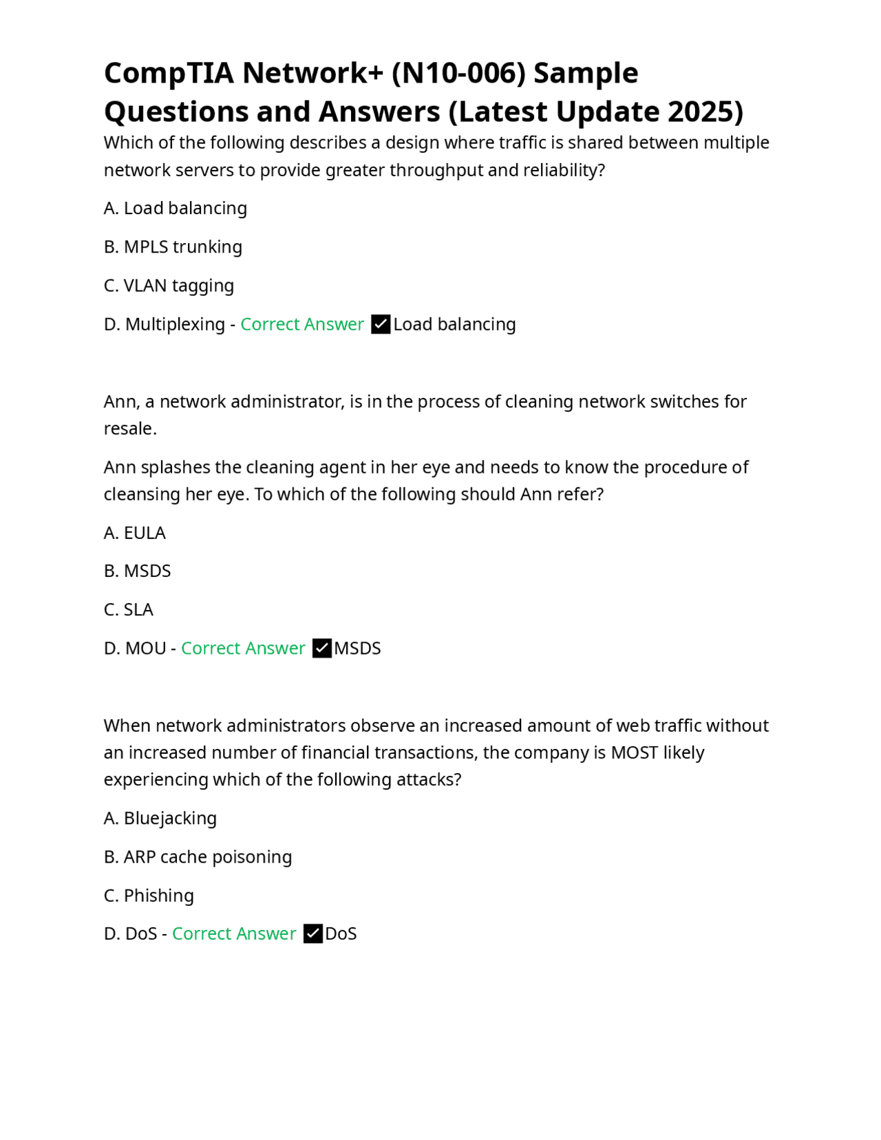 CompTIA Network+ (N10-006) Sample Questions and Answers (Latest Update ...