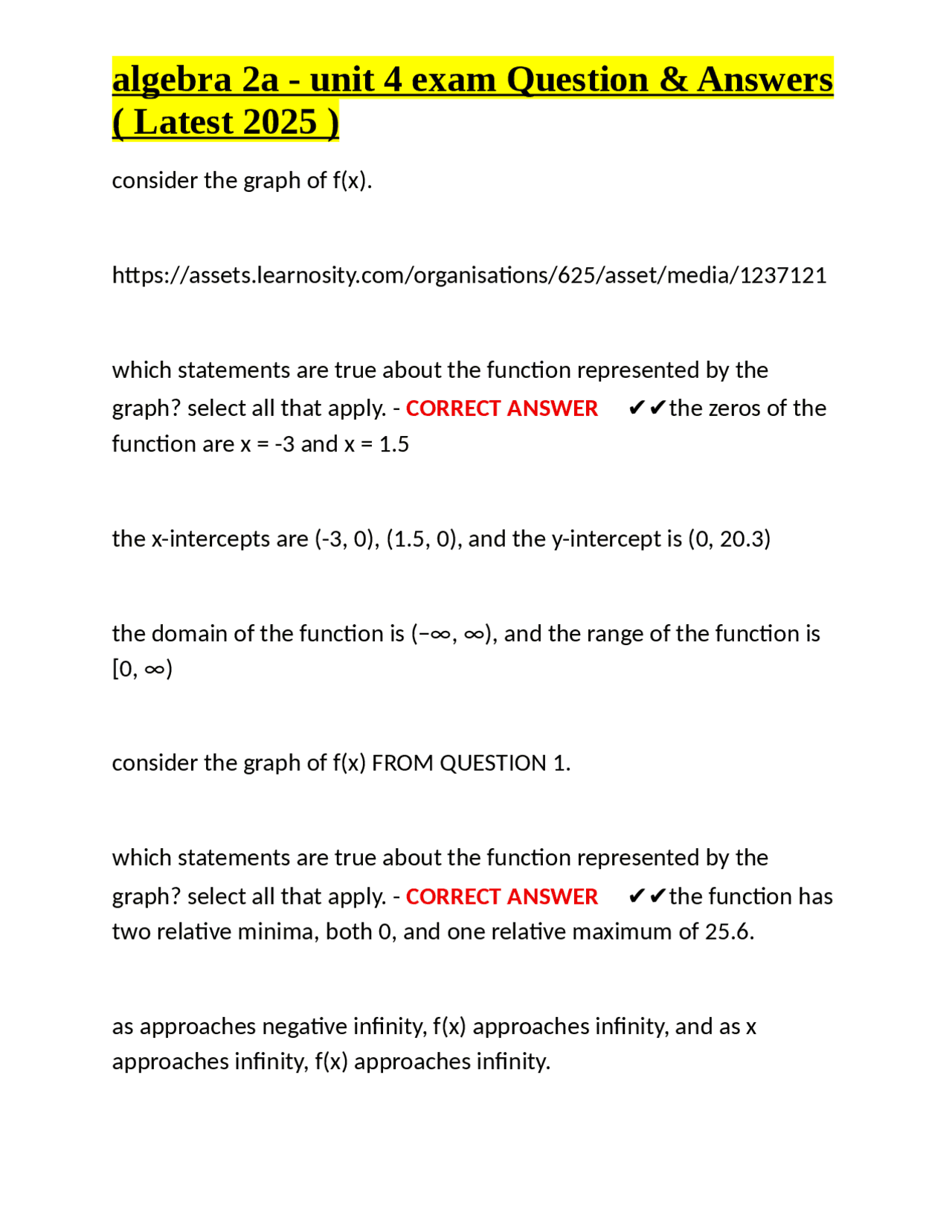 Algebra 2A - Unit 4 Exam: Polynomial Functions - Questions & Answers ...